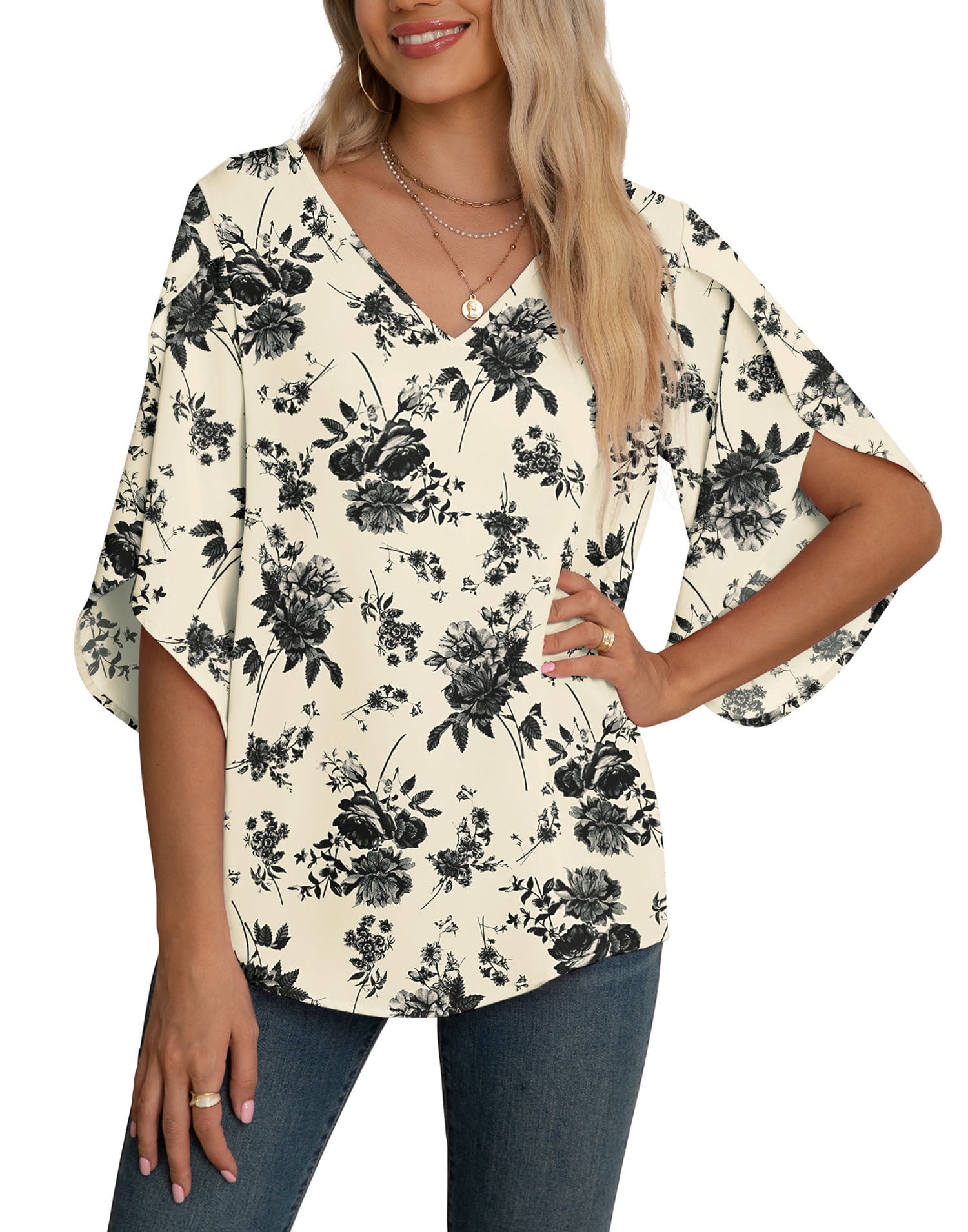 Asklazy Women's Fall Casual 3/4 Ruffled Sleeve Chiffon Blouse Tops for ...