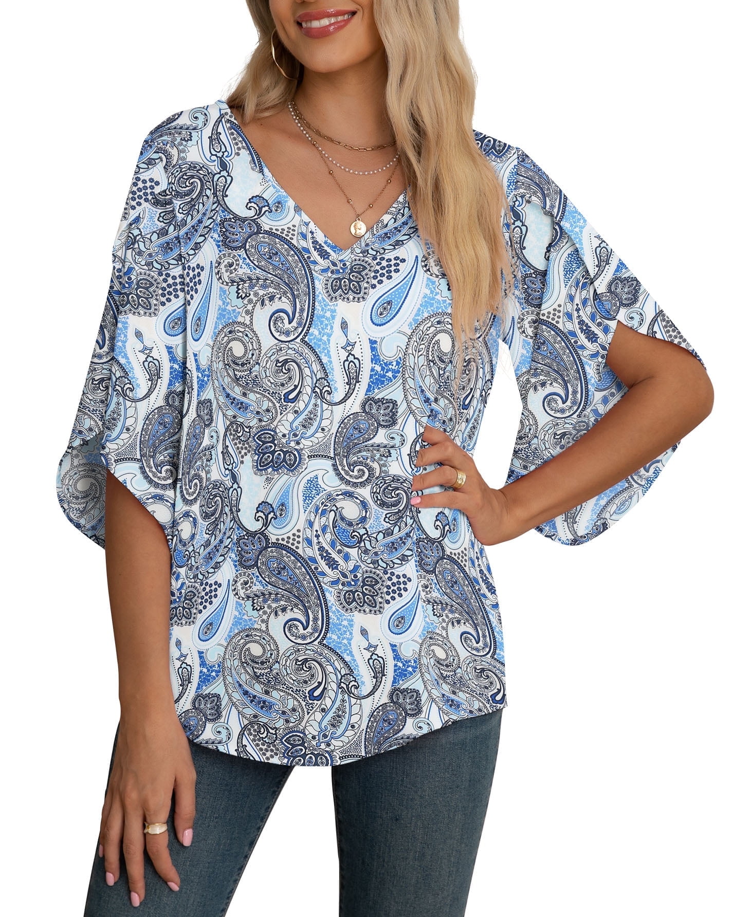 Asklazy Women's Fall Casual 3/4 Ruffled Sleeve Chiffon Blouse Tops for ...