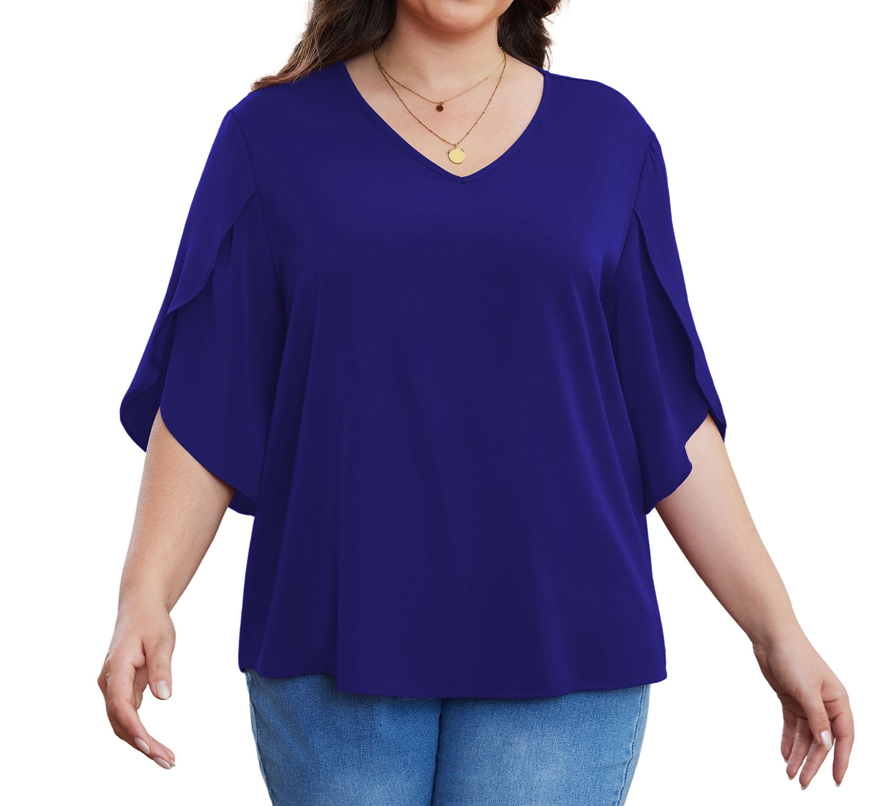Asklazy Plus Size 3/4 Ruffled Sleeve Chiffon Blouse, Royal Blue, 2XL ...