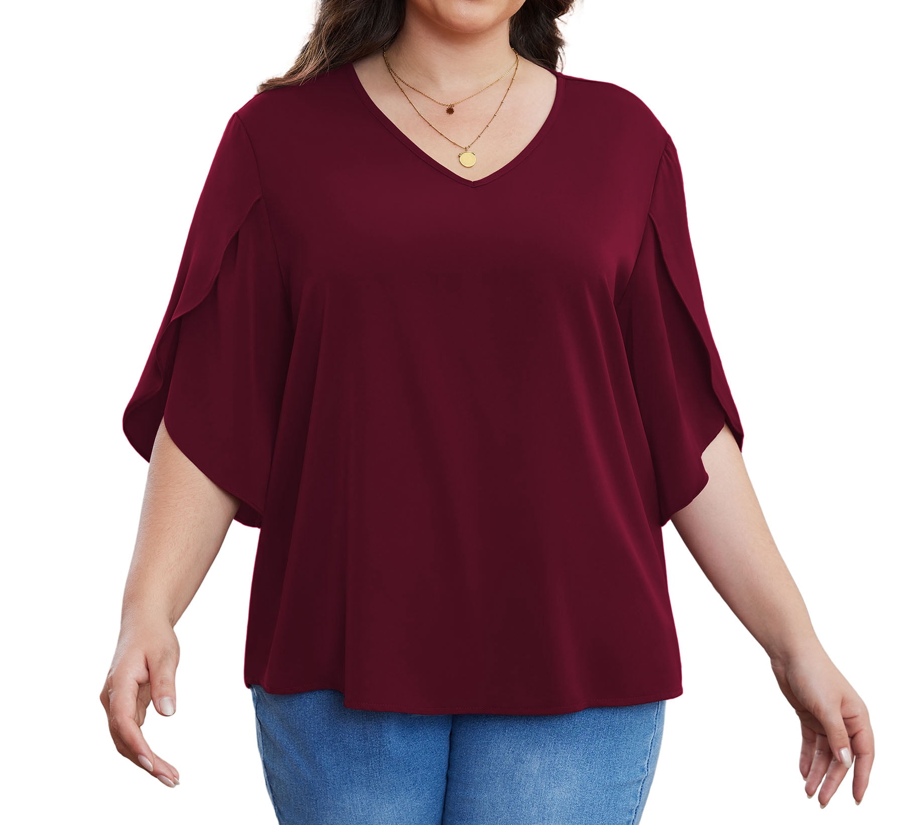 Asklazy Women's Fall Casual 3/4 Sleeve Chiffon Blouse with Ruffles, V ...