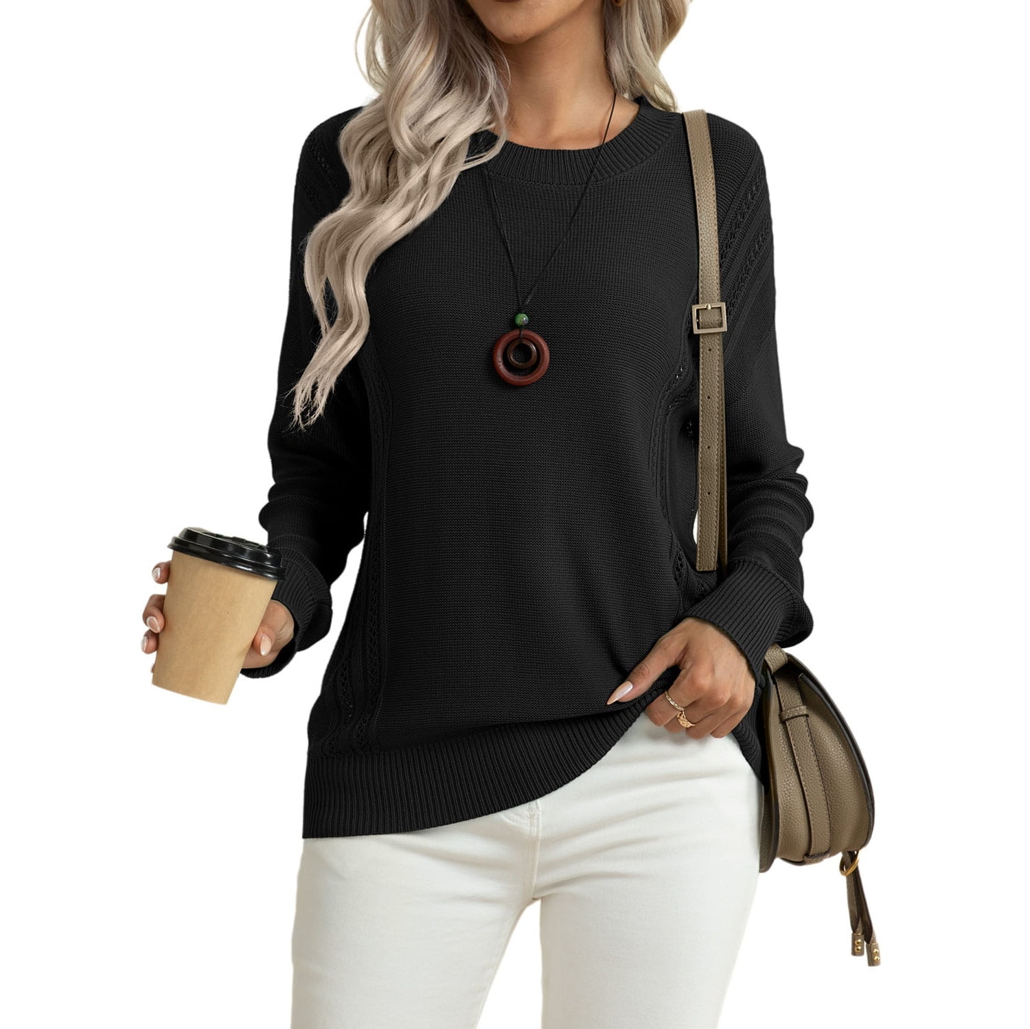 Asklazy Women's Fall Soft Crewneck Long Sleeve Hollow Cable Knit ...