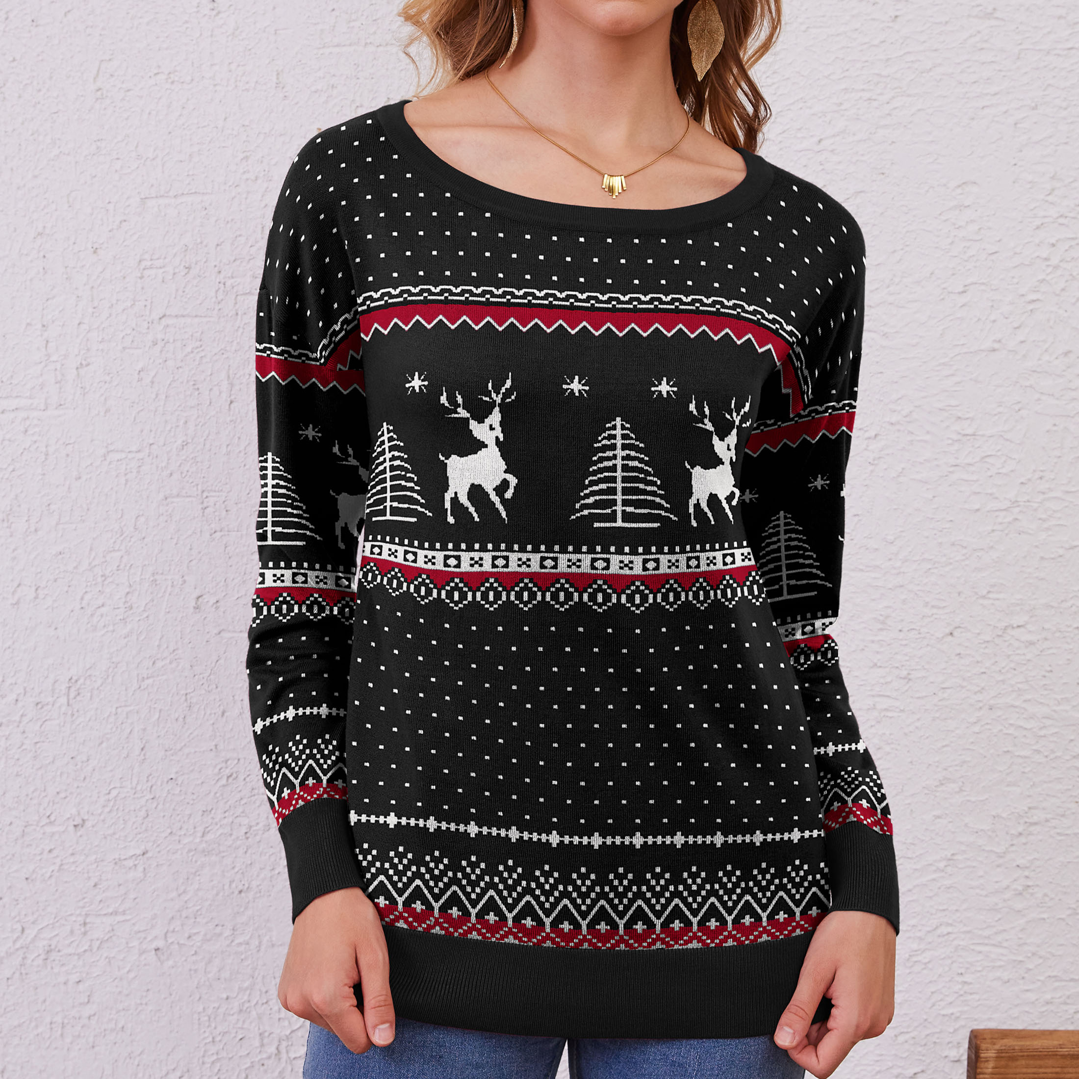 Asklazy Women's Long Sleeve Crew Neck Knitted Christmas Pullover ...