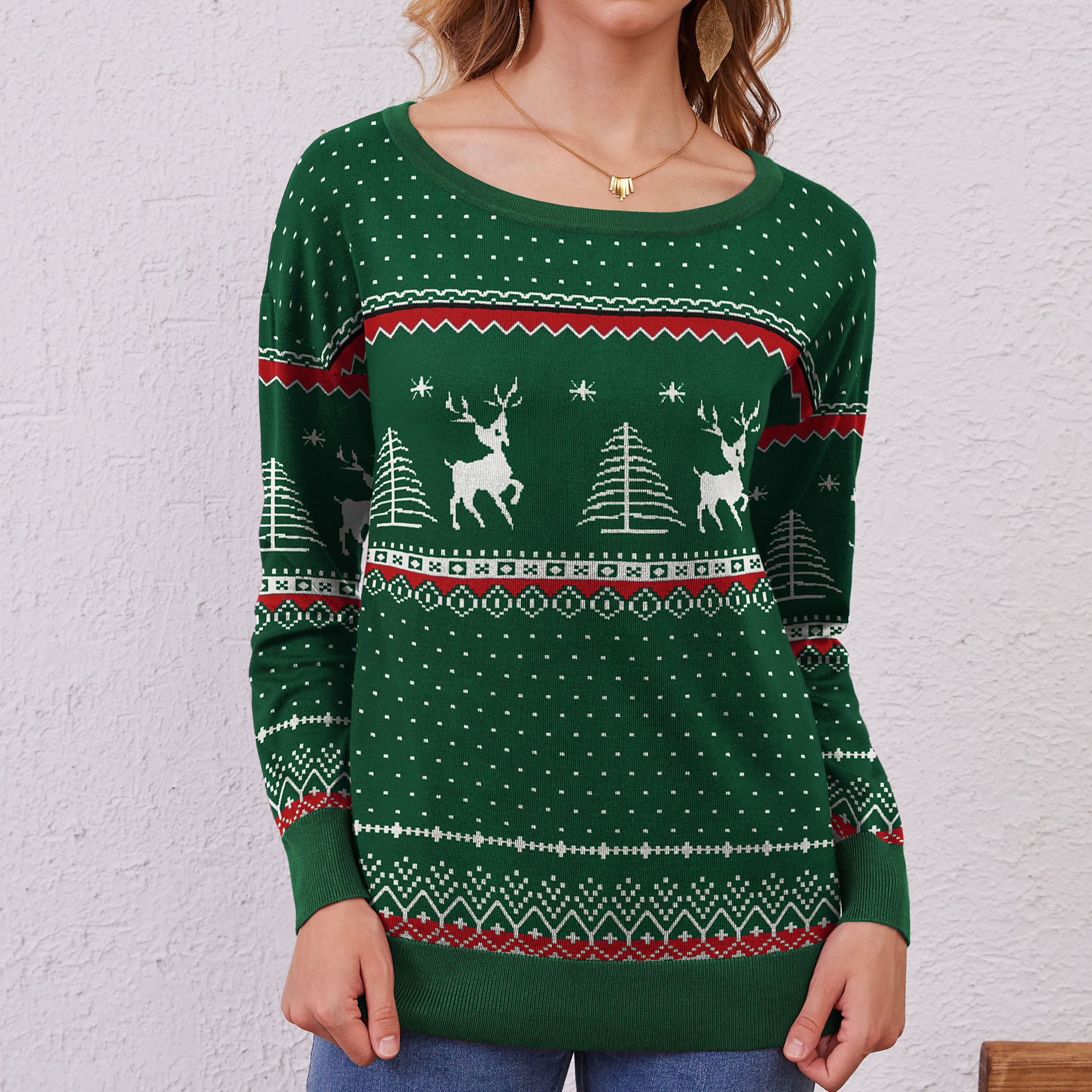 Asklazy Women's Long Sleeve Crew Neck Knitted Christmas Pullover ...