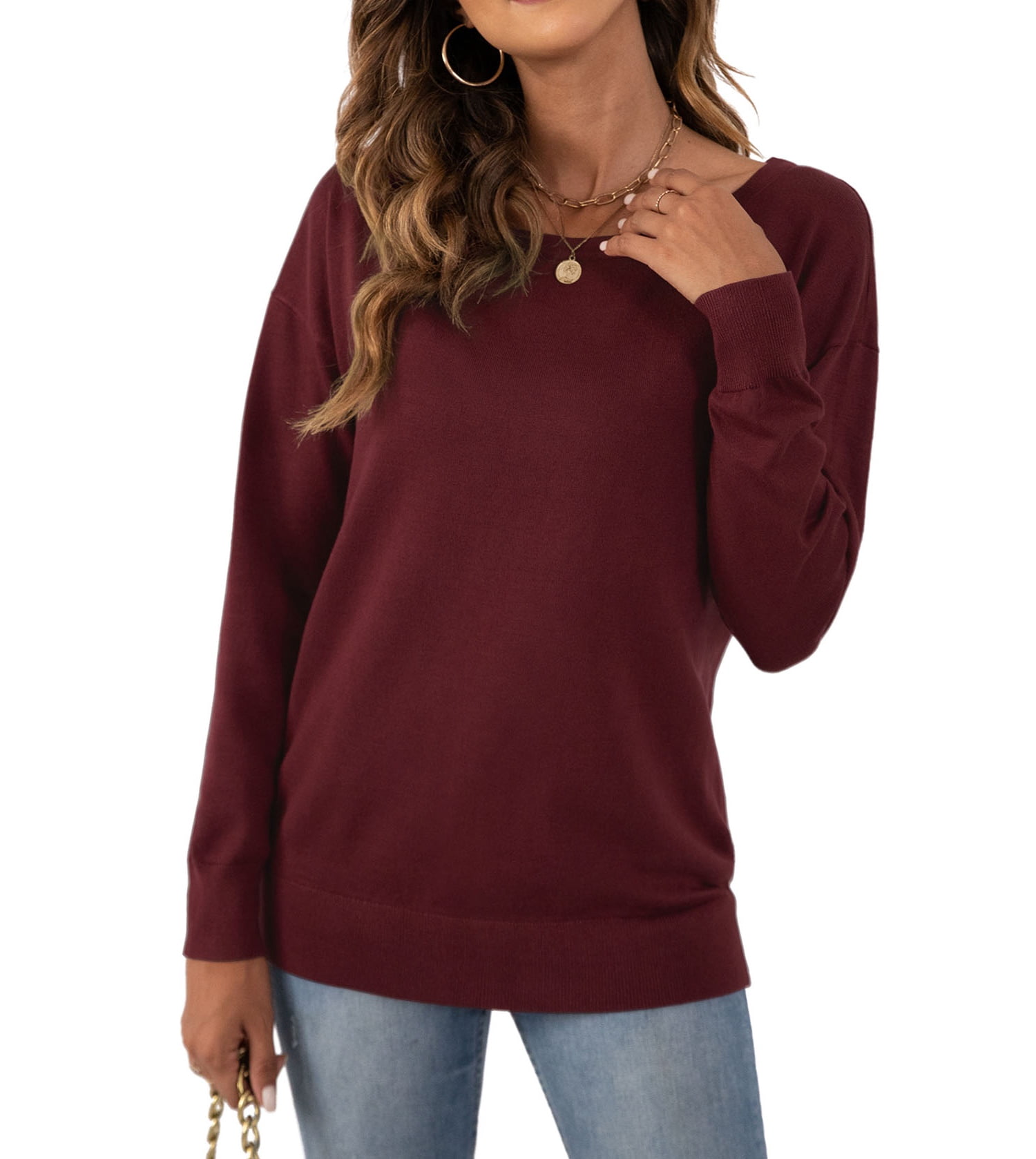 Asklazy Women's Long Sleeve Crew Neck Knitted Pullover Sweater,Wine Red ...