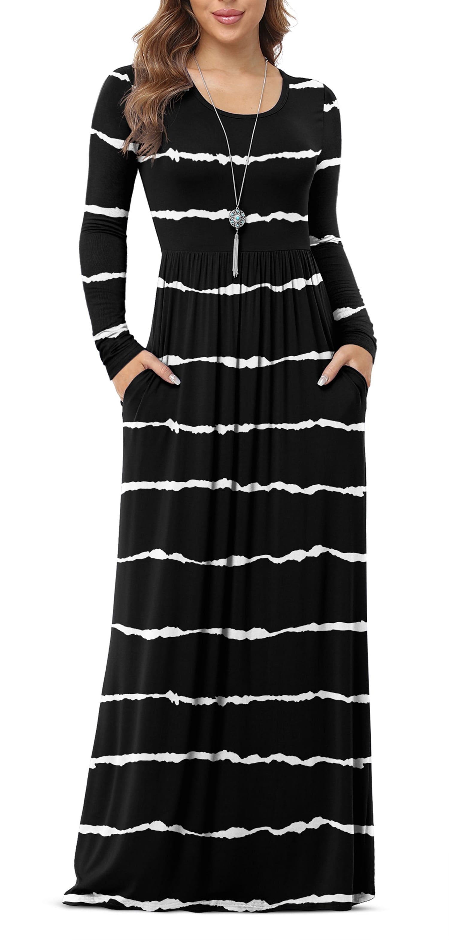 Asklazy Womens Long Sleeve Loose Plain Maxi Dresses Casual Long