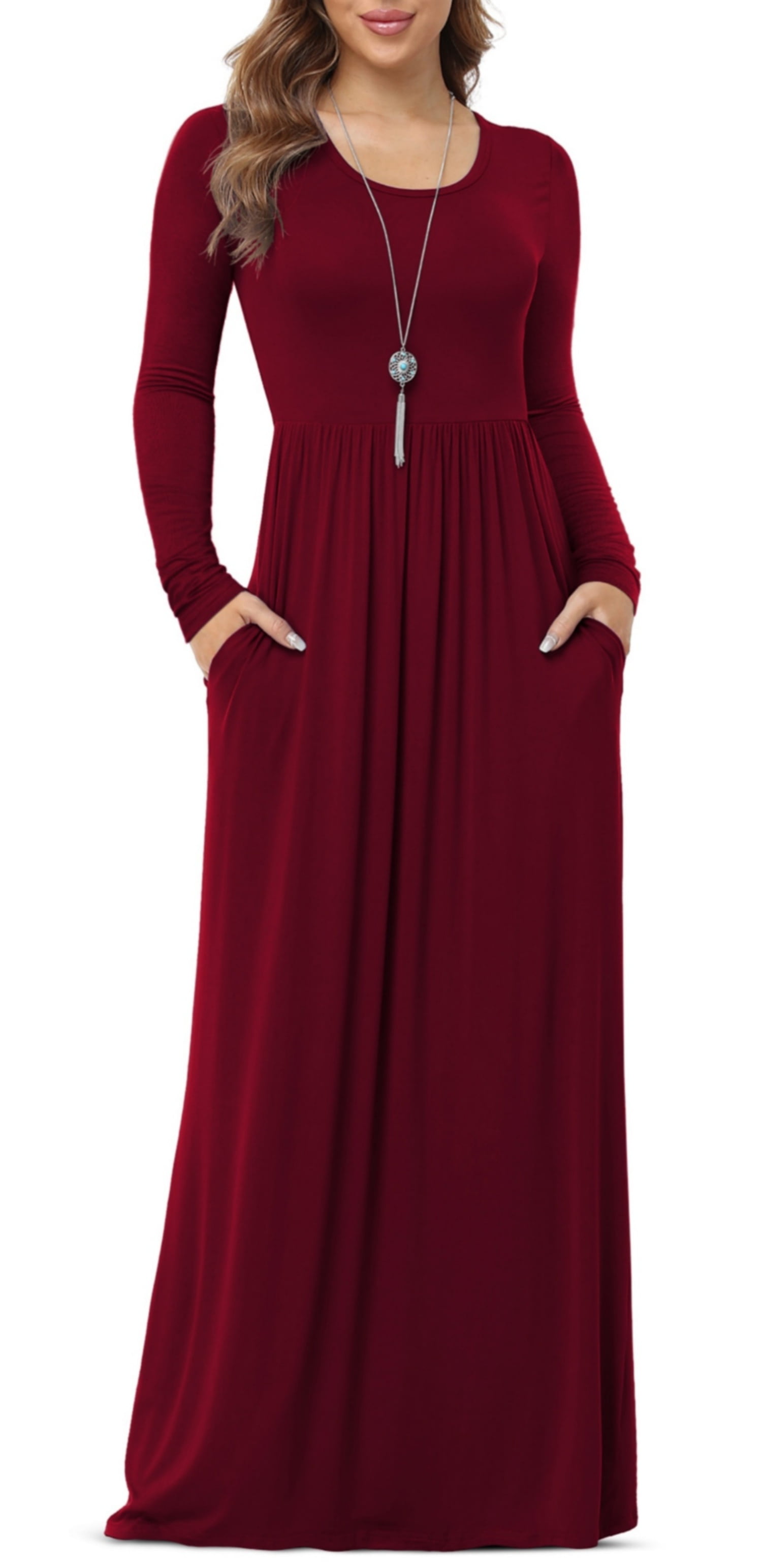 Asklazy Women's Long Sleeve Loose Plain Maxi Dresses Casual Long Dresses with Pockets,US Size ...