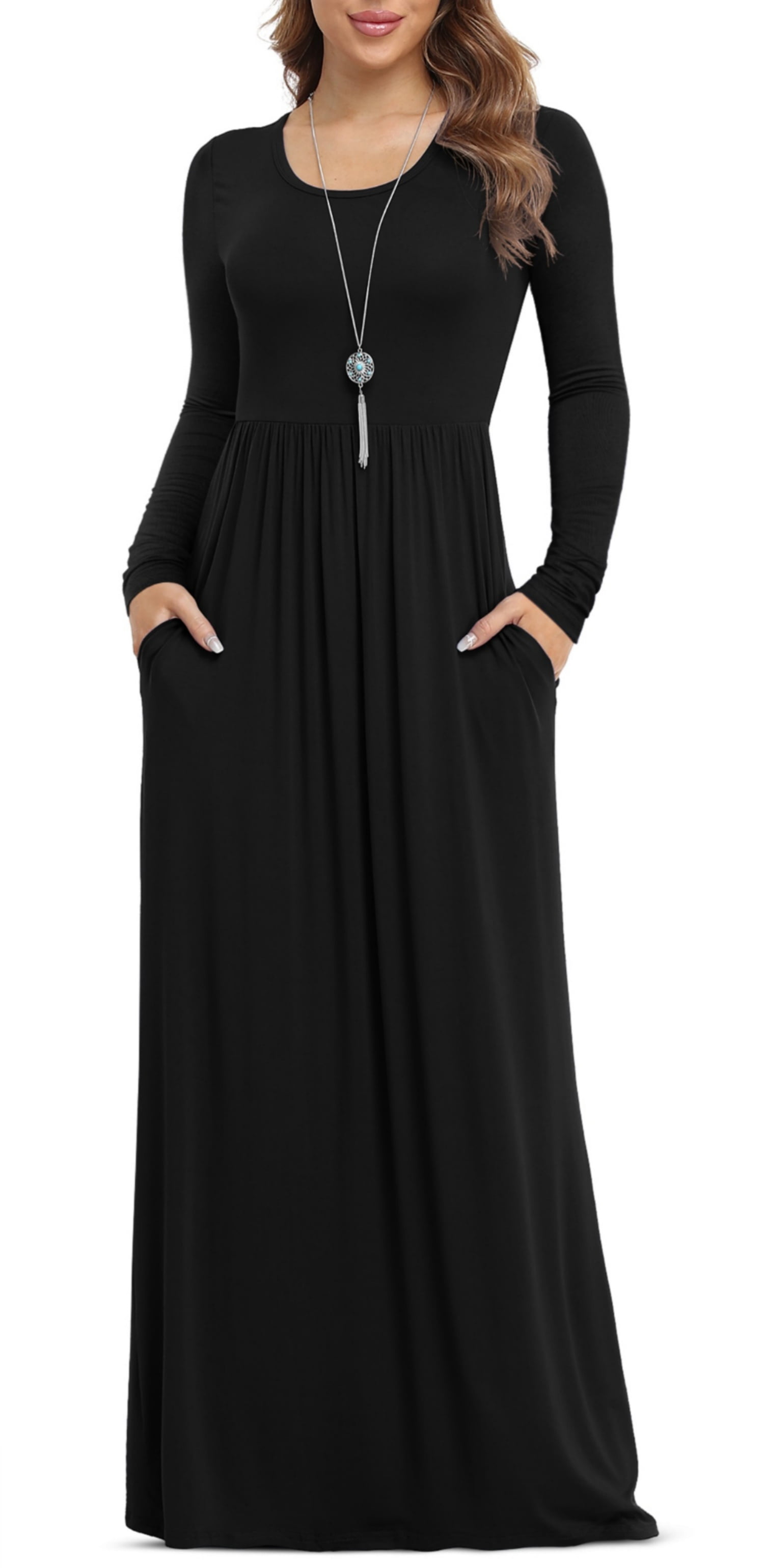 Asklazy Womens Long Sleeve Loose Plain Maxi Dresses Casual Long