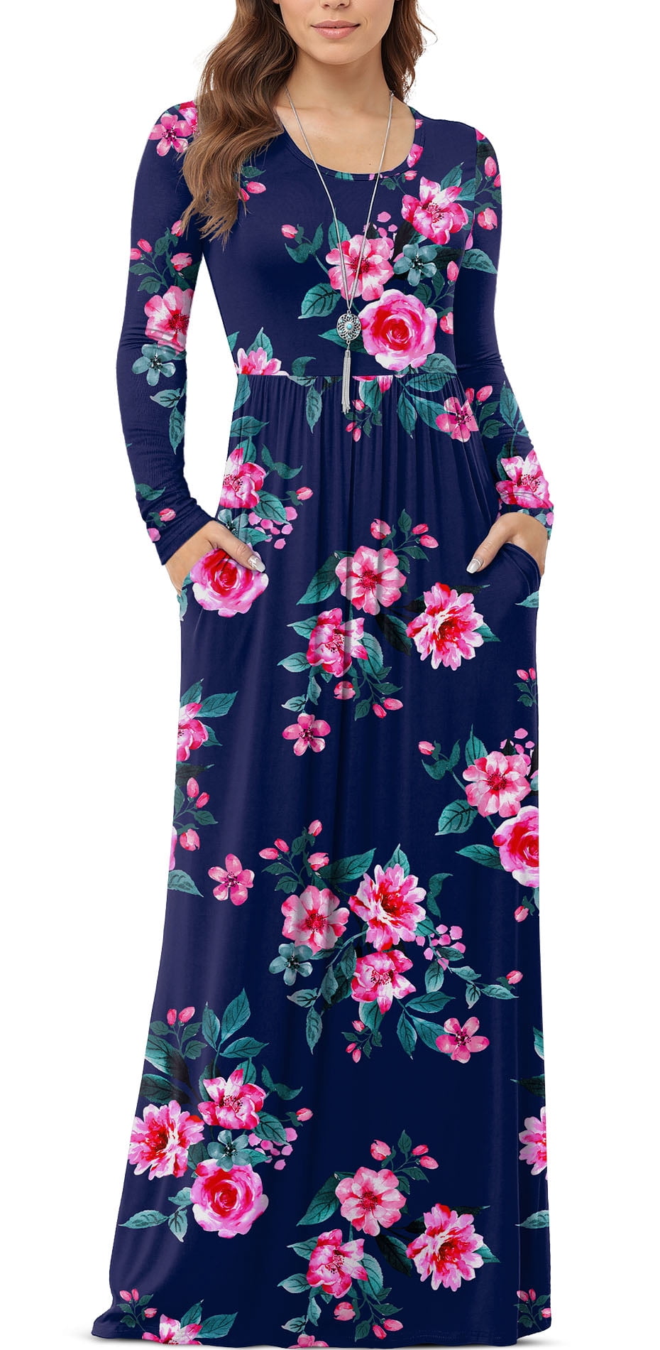 Asklazy Women's Long Sleeve Loose Plain Maxi Dresses Casual Long ...