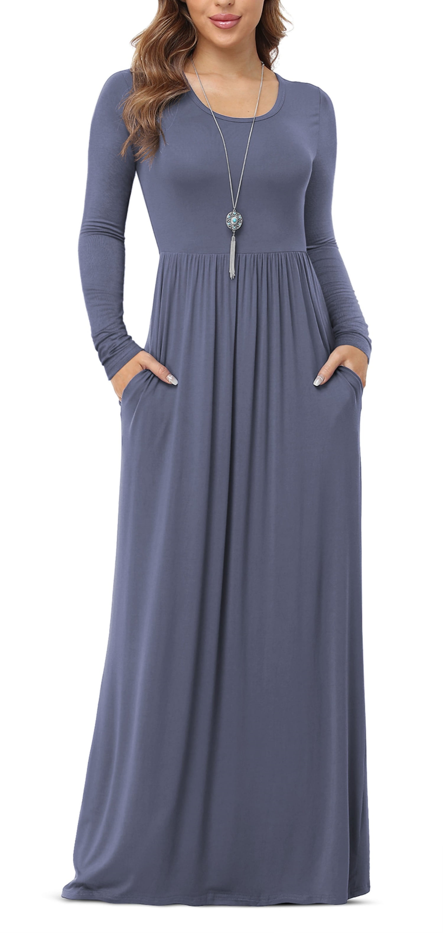Asklazy Womens Long Sleeve Loose Plain Maxi Dresses Casual Long