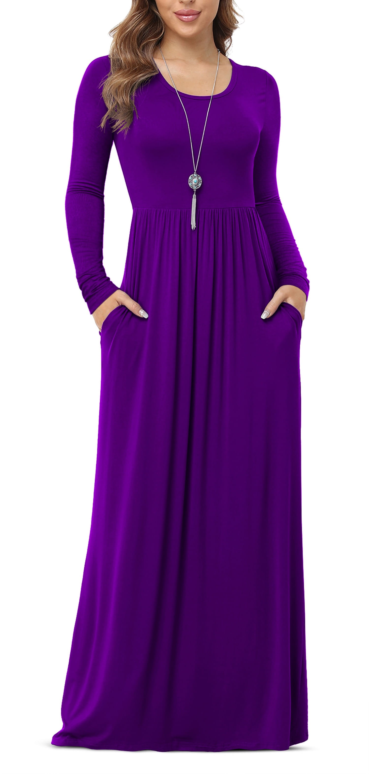 Asklazy Womens Long Sleeve Loose Plain Maxi Dresses Casual Long