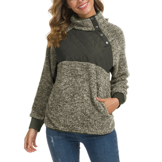 Asklazy Women's Long Sleeves Quilt Turtleneck Oblique Button Neck ...