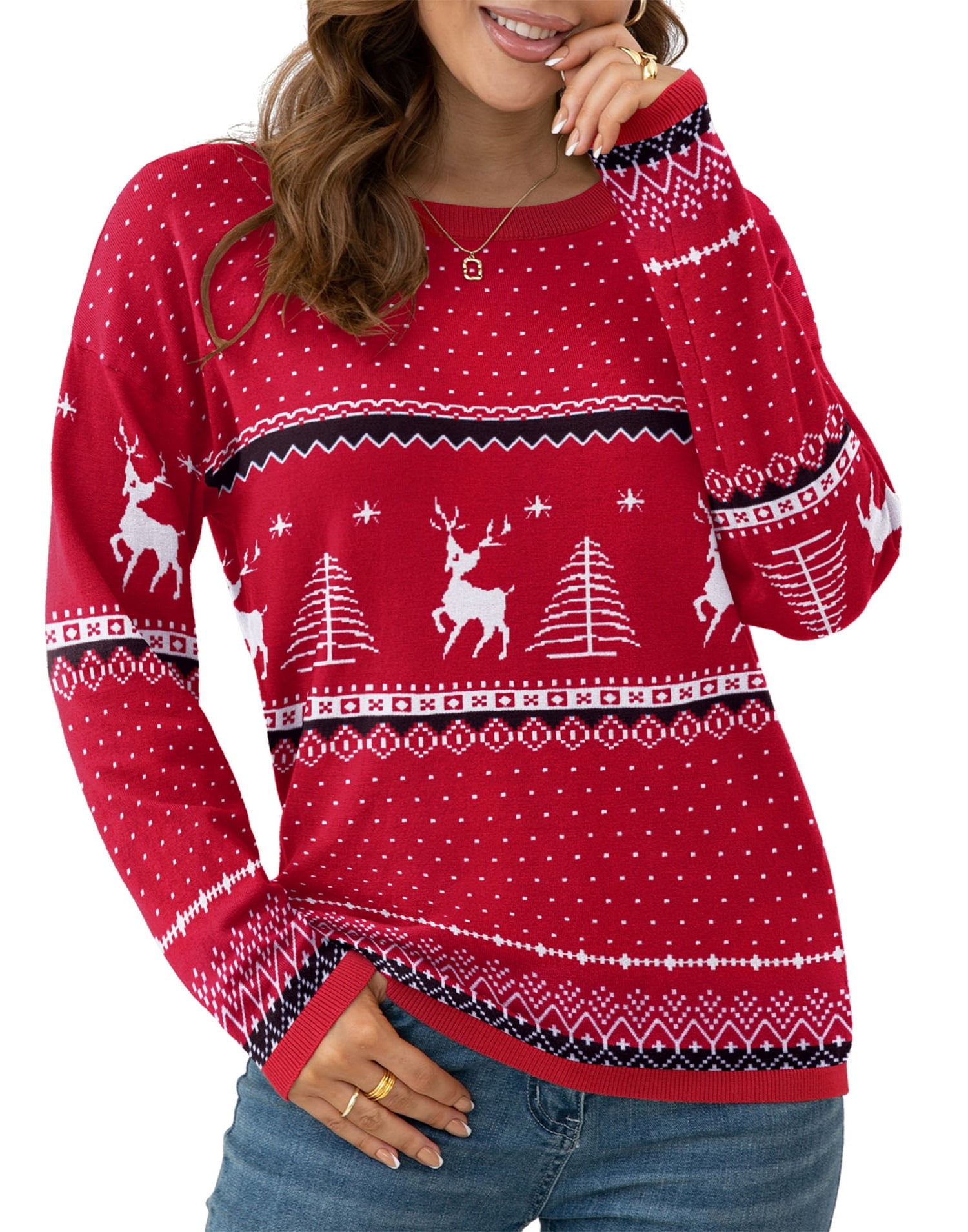 Asklazy Women's Pullover Sweaters Long Sleeve Print Knitted Crew Neck ...