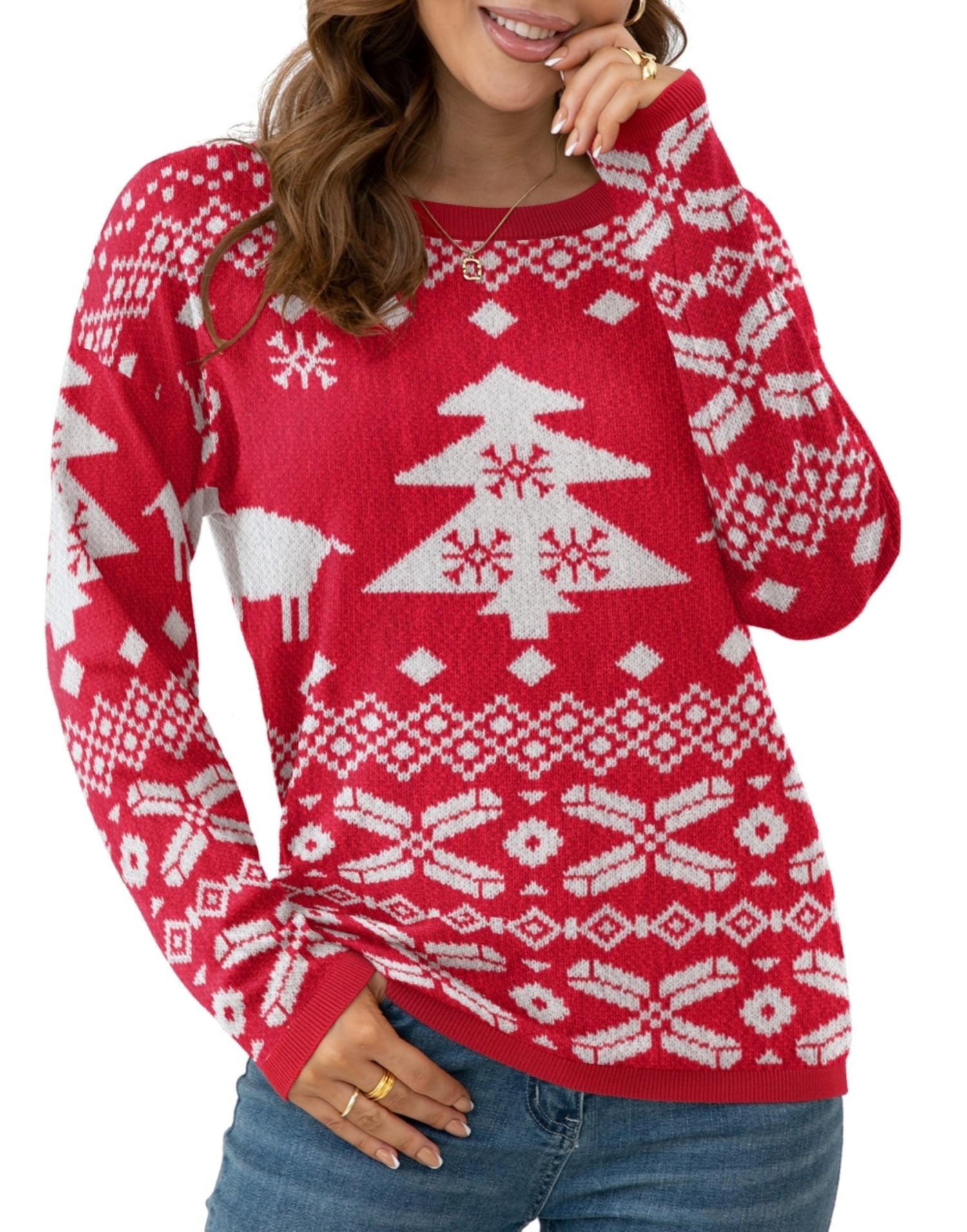 Asklazy Women's Pullover Sweaters Long Sleeve Print Knitted Crew Neck ...