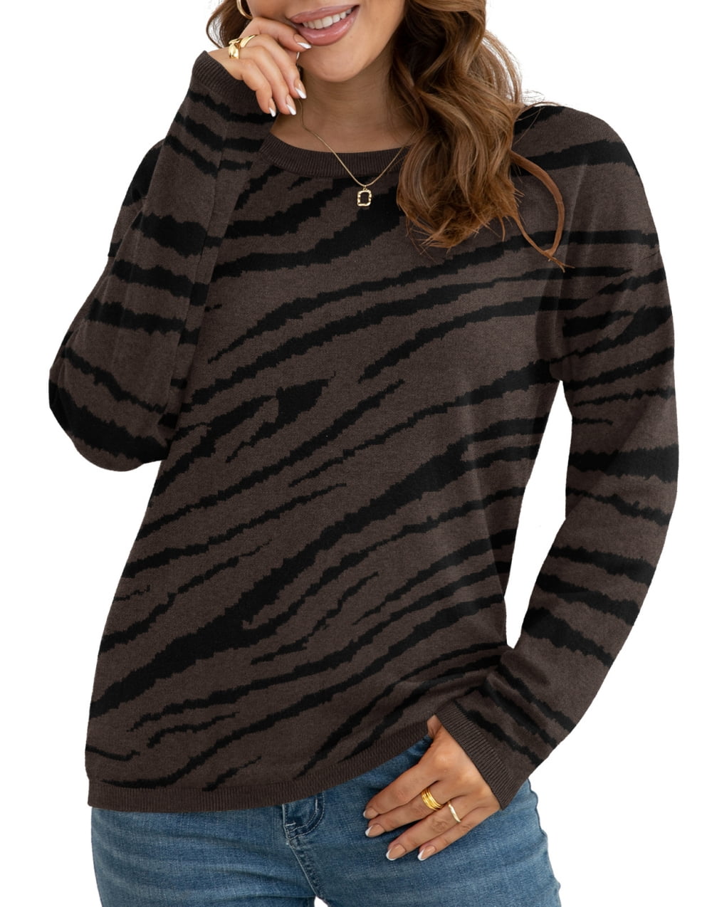 Asklazy Women's Pullover Sweaters Long Sleeve Print Knitted Crew Neck ...
