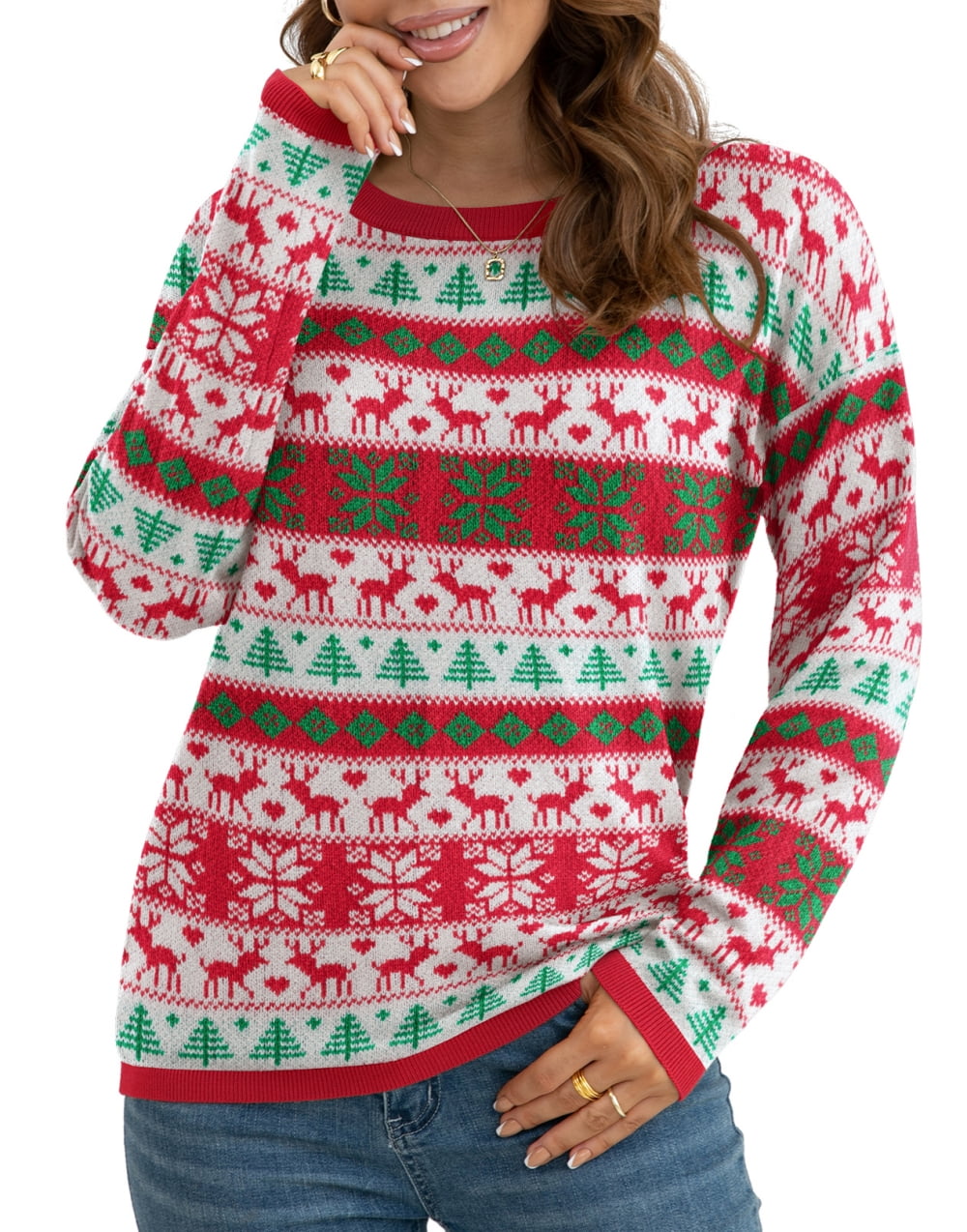 Asklazy Women's Pullover Sweaters Long Sleeve Print Knitted Crew Neck ...