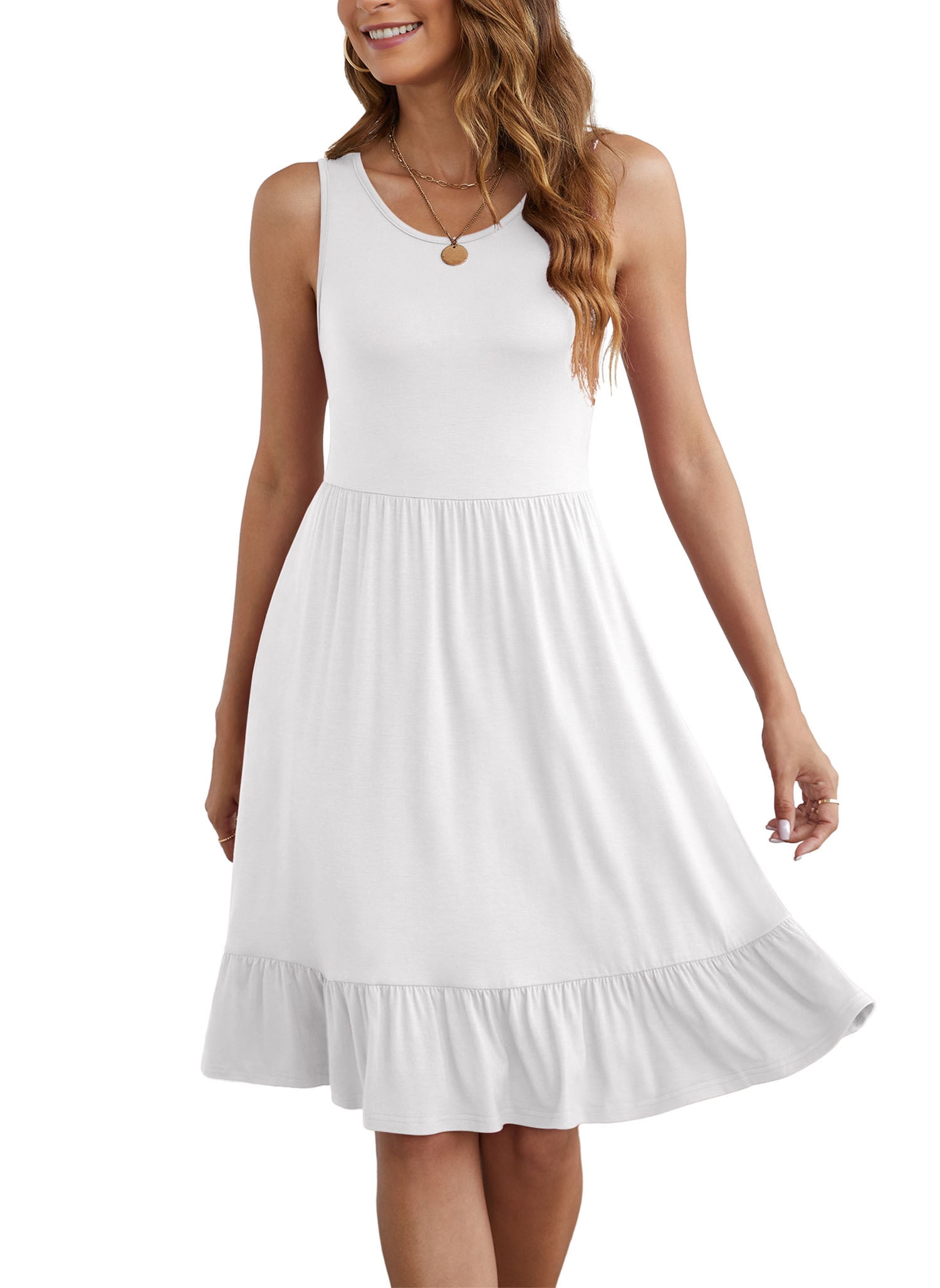 Asklazy Women's Round Neck Summer Sundresses Casual Pleated Ruffle Hem ...