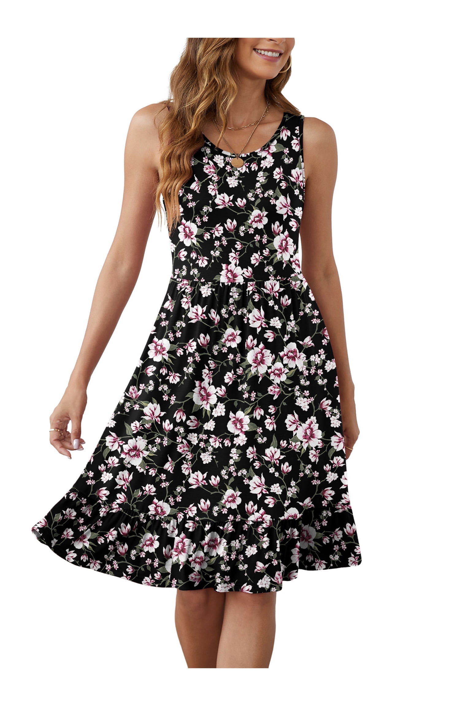 Asklazy Women's Round Neck Summer Sundresses Casual Pleated Ruffle Hem ...