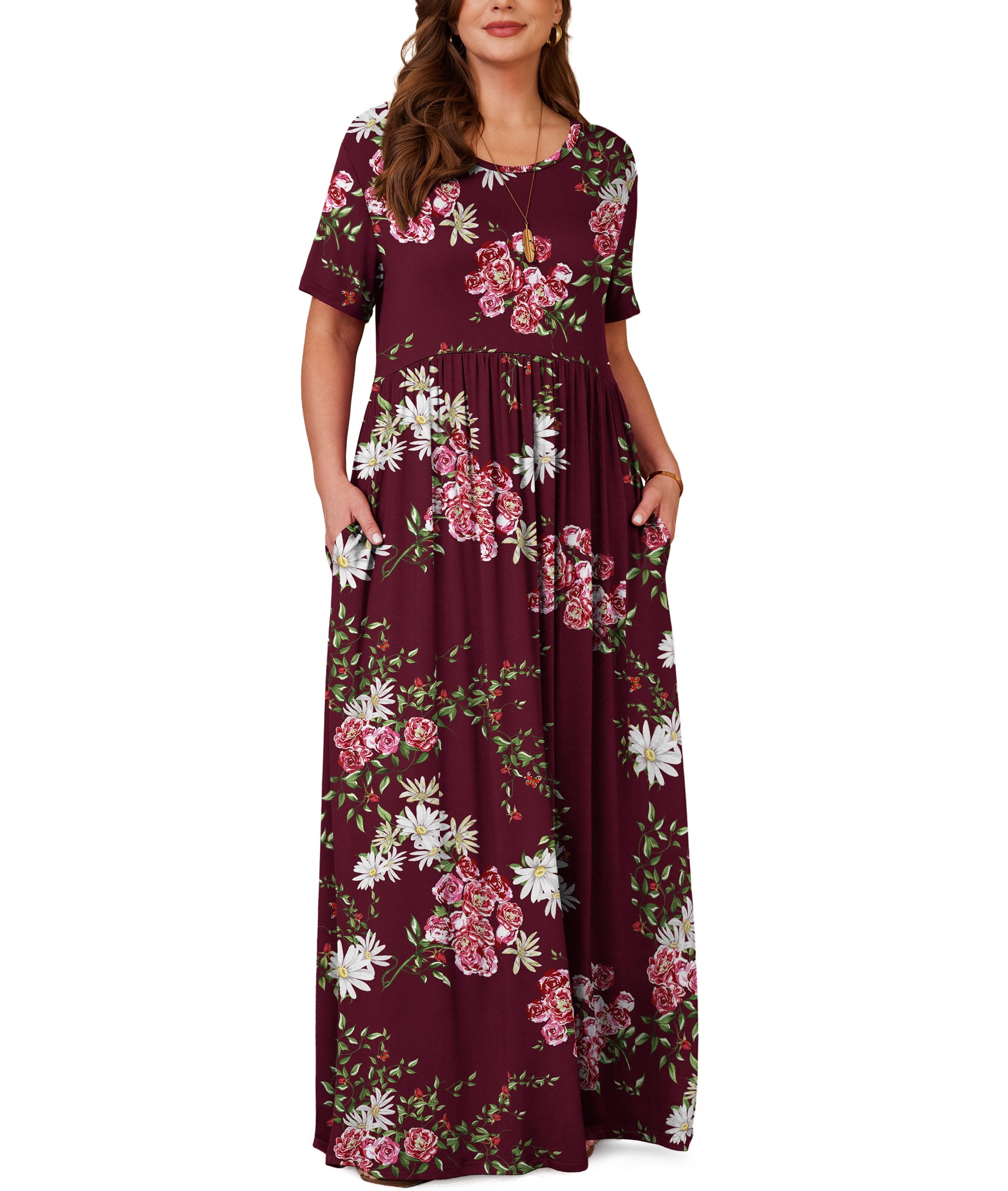 Asklazy Women's Short Sleeve Fit & Flare Maxi Dresses, Floral Prints ...