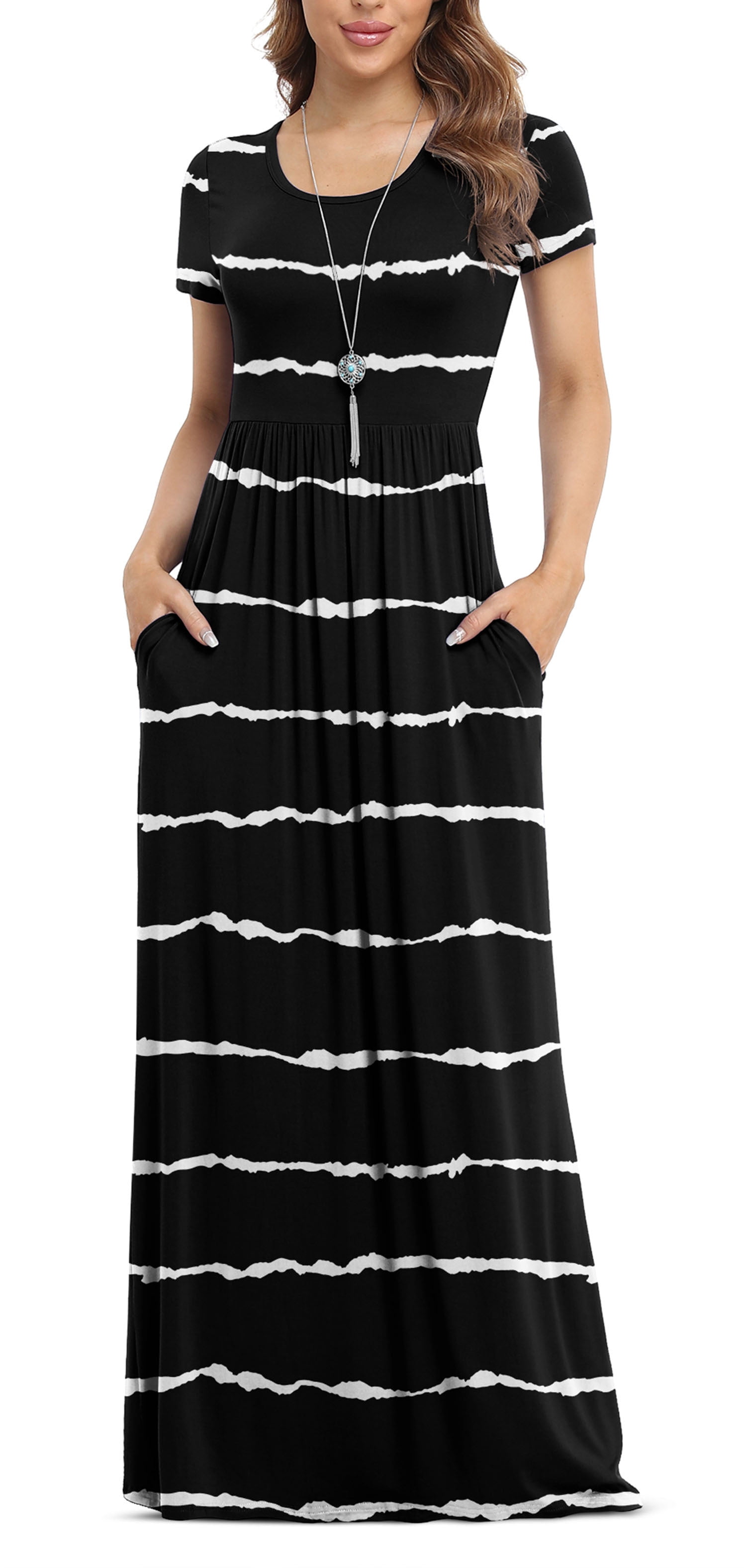 Asklazy Womens Short Sleeve Loose Plain Maxi Dresses Casual Long