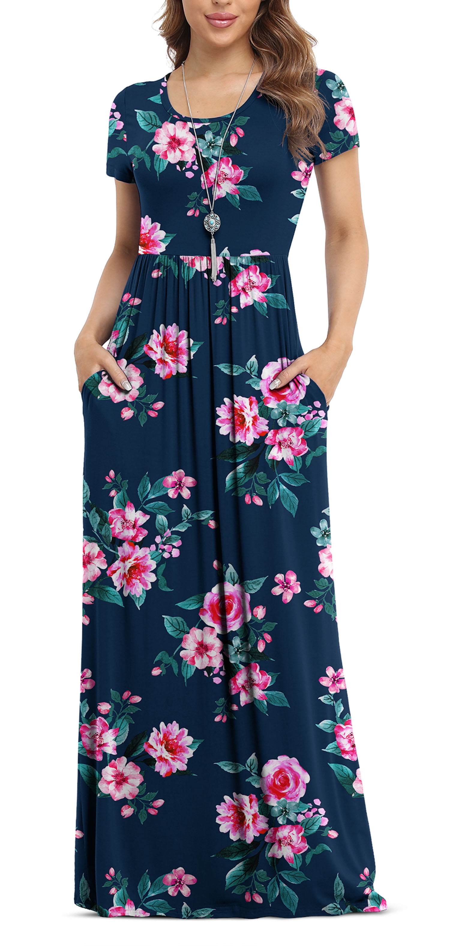 Asklazy Womens Short Sleeve Loose Plain Maxi Dresses Casual Long