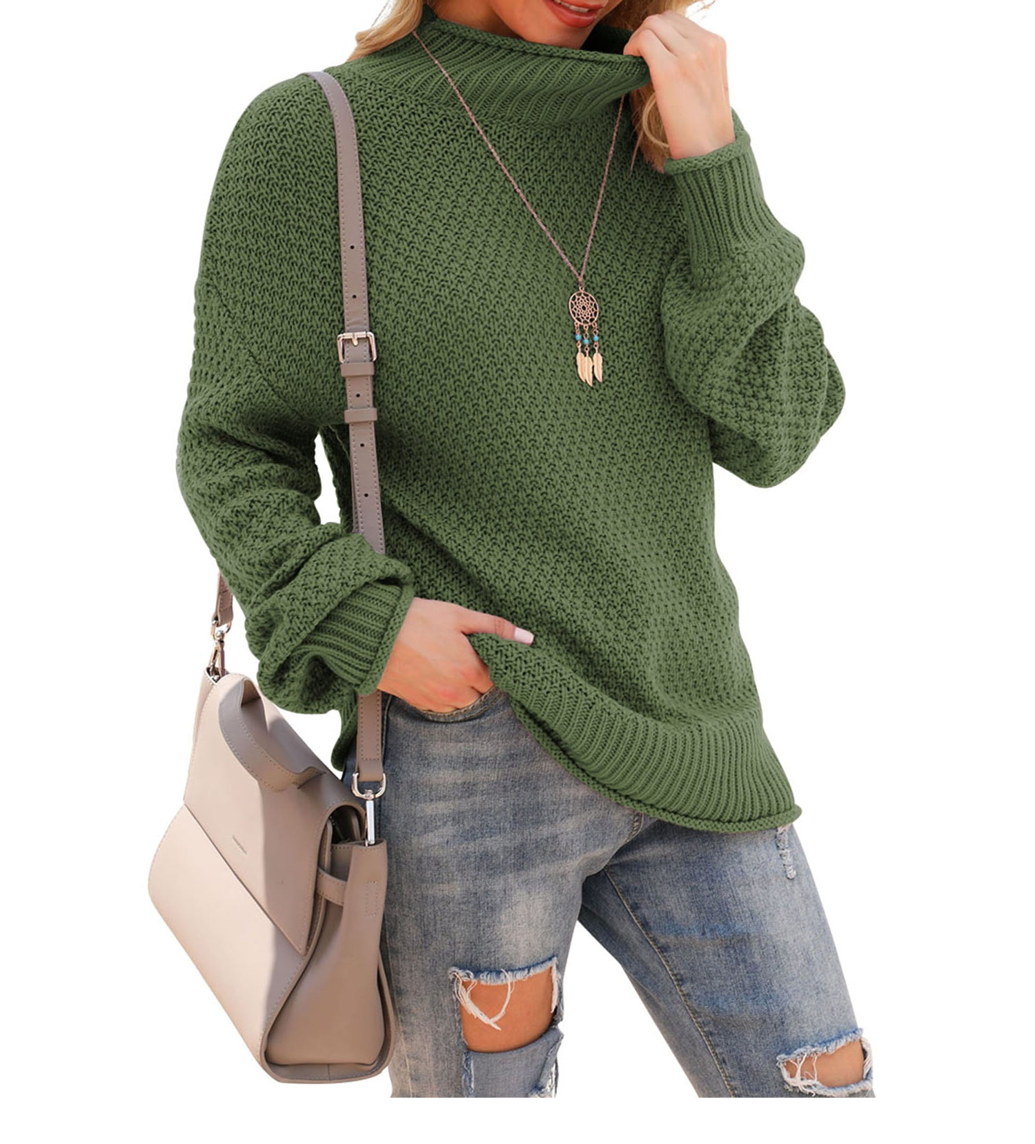 Asklazy Women's Turtleneck Oversized Sweaters Batwing Long Sleeve ...