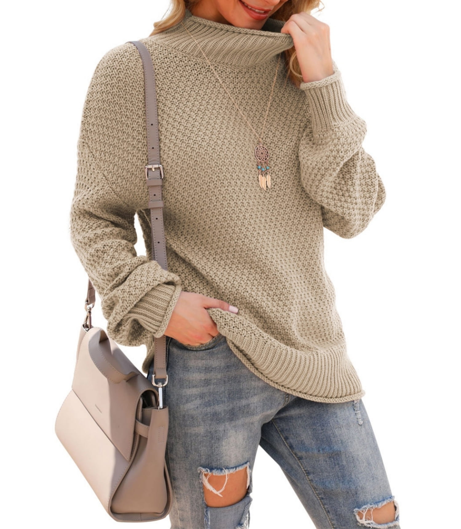 Asklazy Women's Turtleneck Oversized Sweaters Batwing Long Sleeve ...