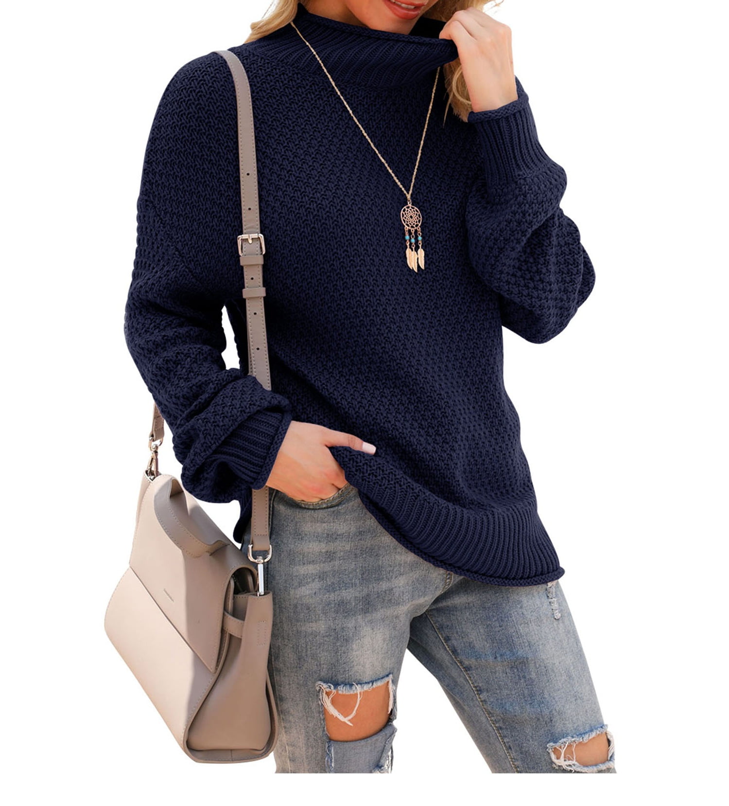 Asklazy Women's Turtleneck Oversized Sweaters Batwing Long Sleeve ...