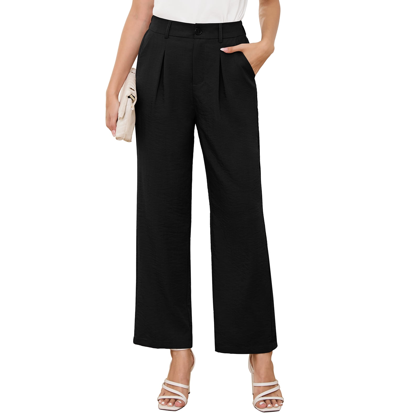 Asklazy Women's Wide Leg Fit High Elastic Waisted Trousers Long Stright ...