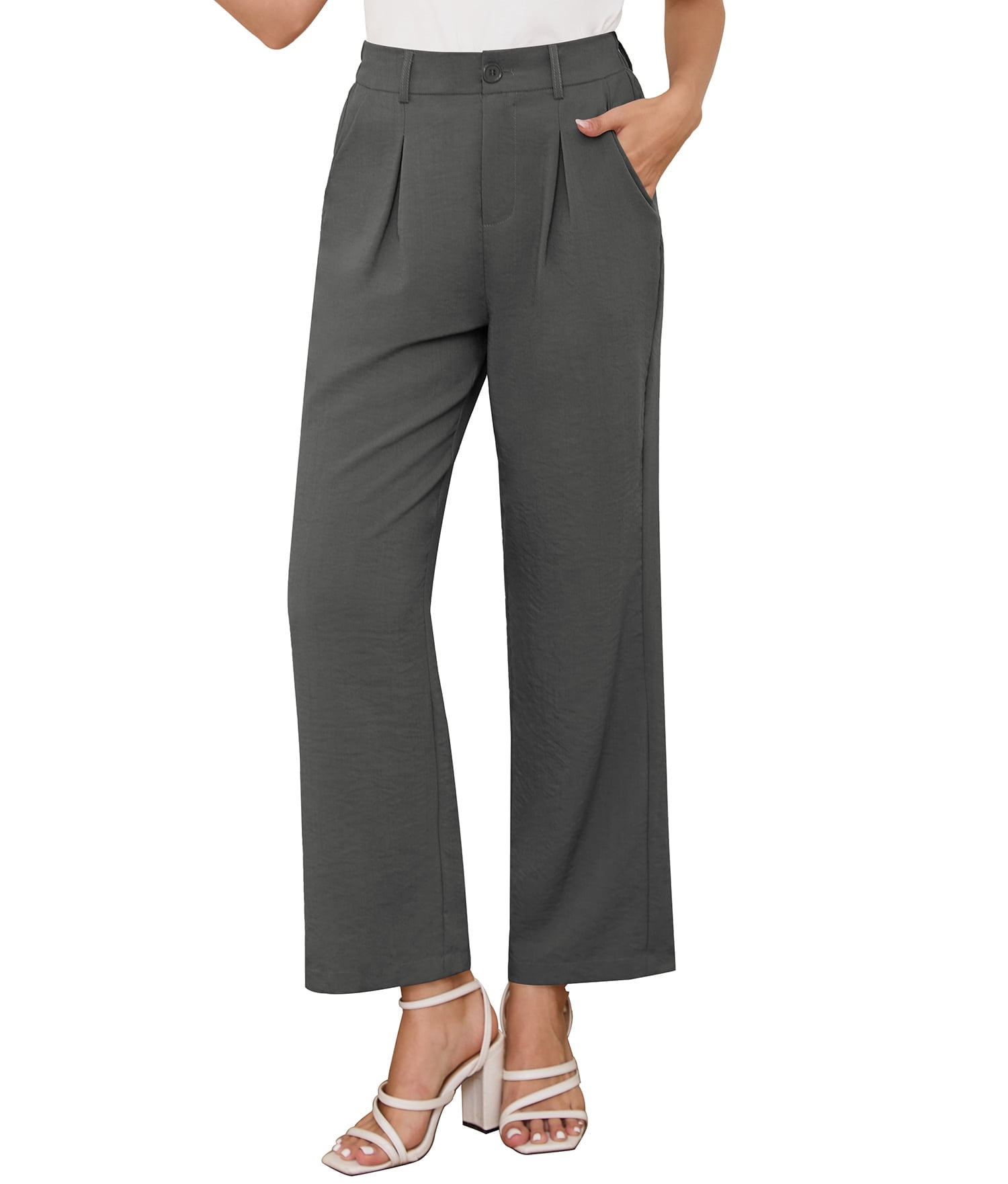 Asklazy Women's Wide Leg Fit High Elastic Waisted Trousers Long Stright ...