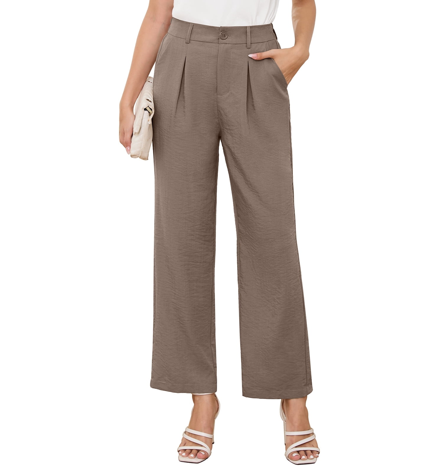 Asklazy Women's Wide Leg Fit High Elastic Waisted Trousers Long Stright ...