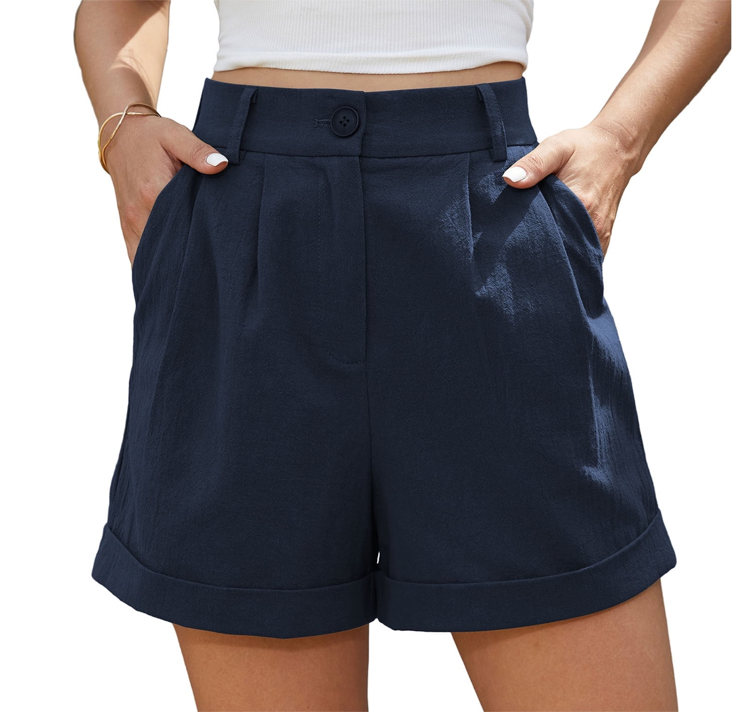 Asklazy Womens Summer High Waist Linen Shorts Roll Up Pleated Zippered ...