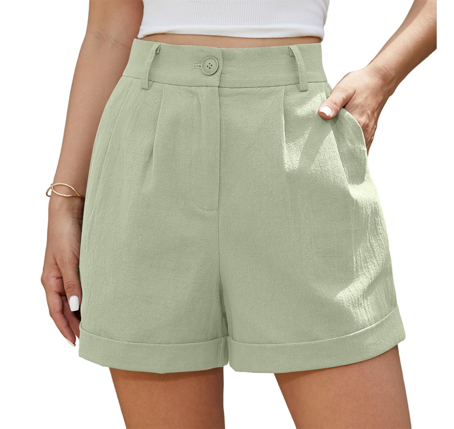 Asklazy Womens Summer High Waist Linen Shorts Roll Up Pleated Zippered ...