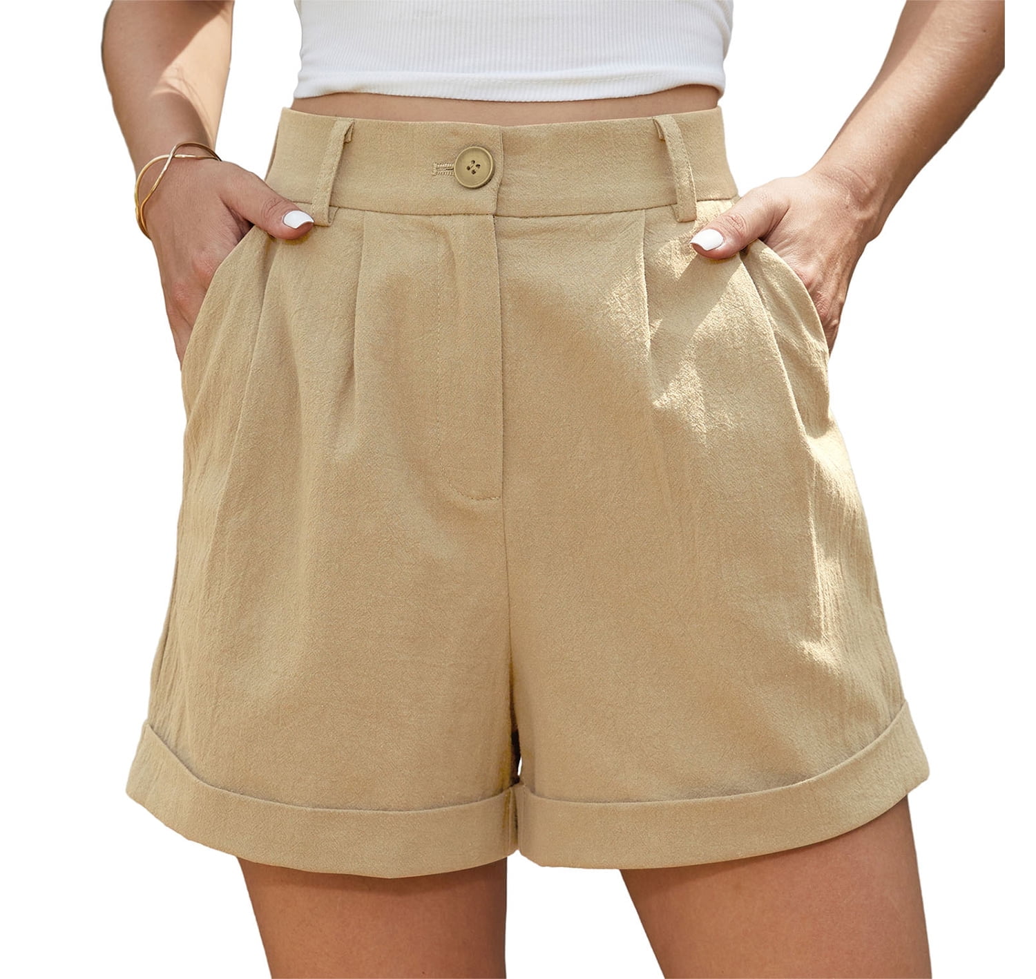 Asklazy Womens Summer High Waist Linen Shorts Roll Up Pleated Zippered ...