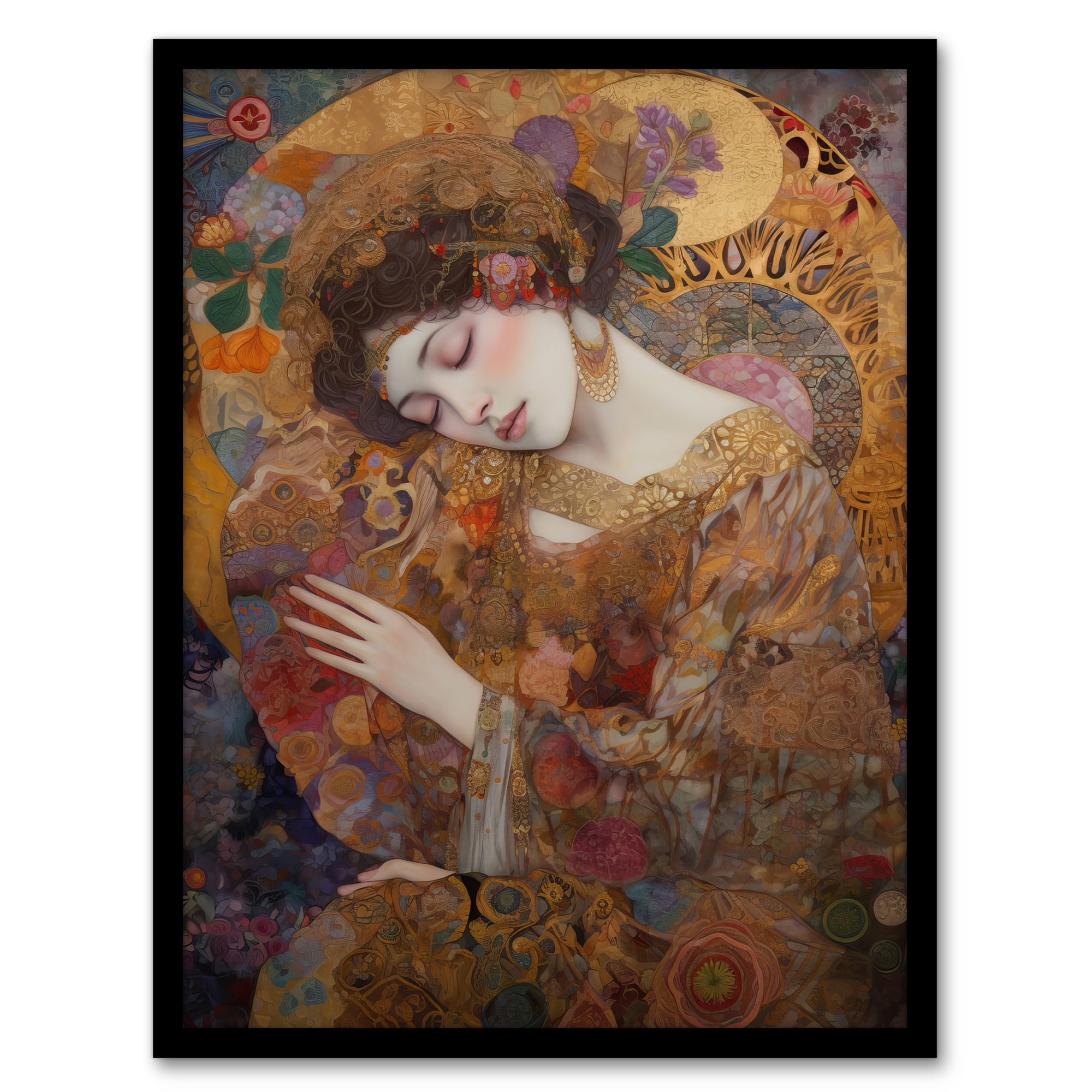 Asleep Gustav Klimt-Inspired Portrait Of A Woman Bedroom Artwork Framed ...