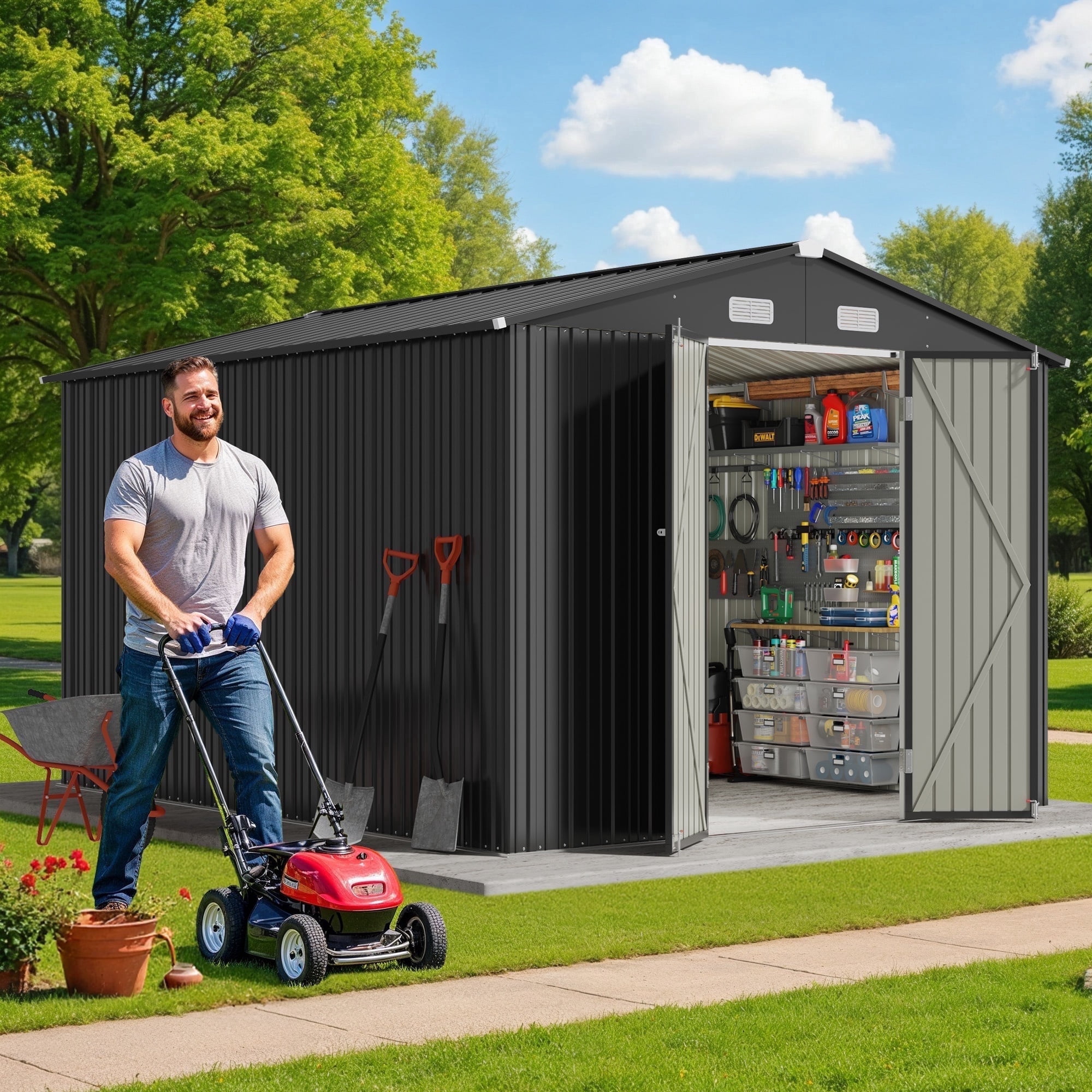 Asofer 10x10ft Outdoor Storage Shed, Large Utility Metal Tool Shed ...