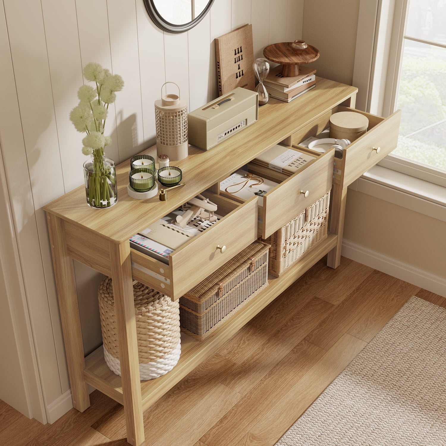 Asofer 3 Drawer Wooden Sofa Table, Modern Accent Console Table with ...