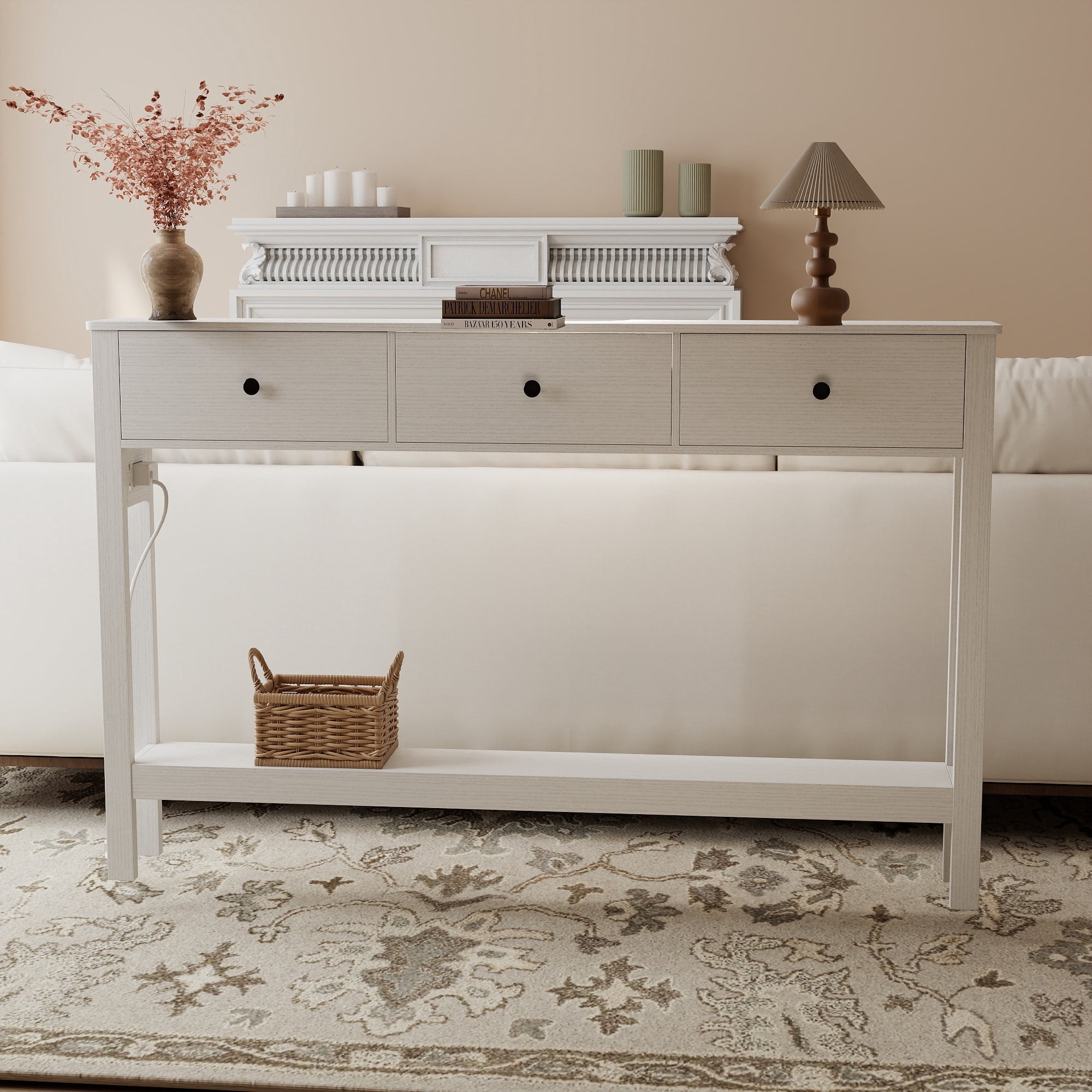 Asofer 3 Drawer Wooden Sofa Table with Outlets and USB Ports, Modern ...