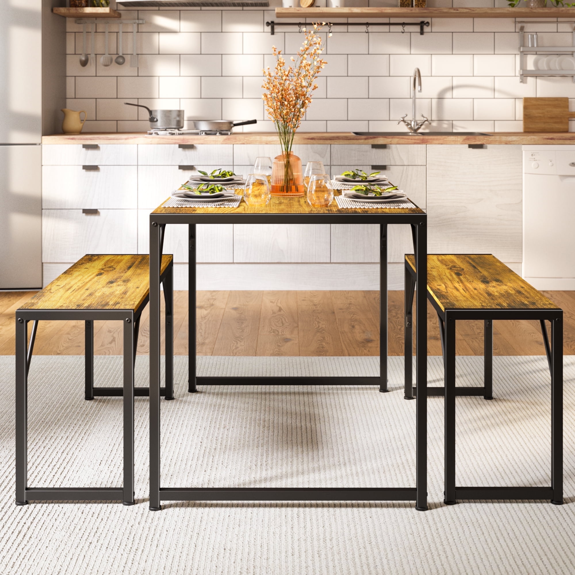 Asofer 3 Piece Dining Room Table Set, Black Bench Table Set, Kitchen ...