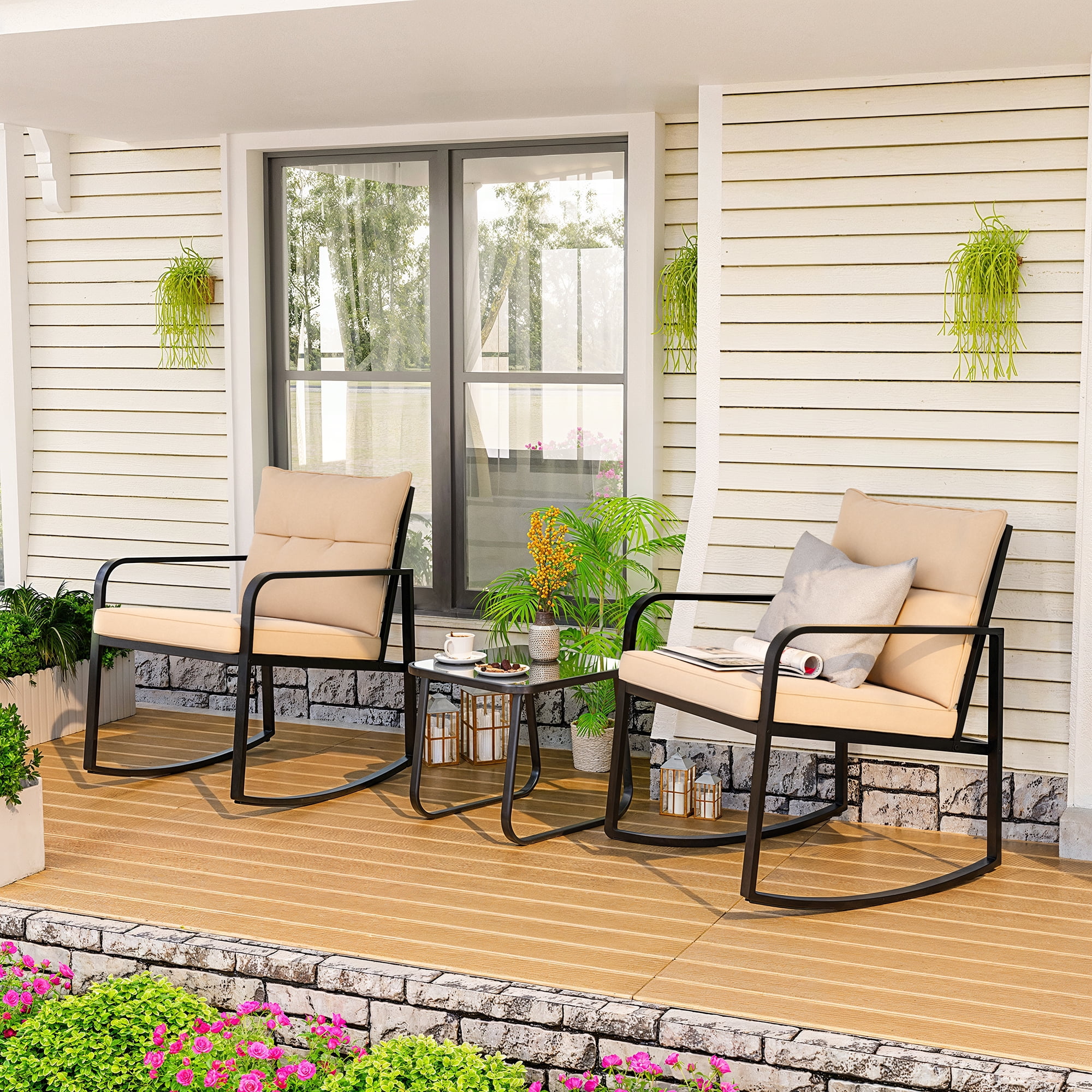 Asofer 3 Piece Outdoor Bistro Set,Porch Rocking Chairs Sets with Glass ...