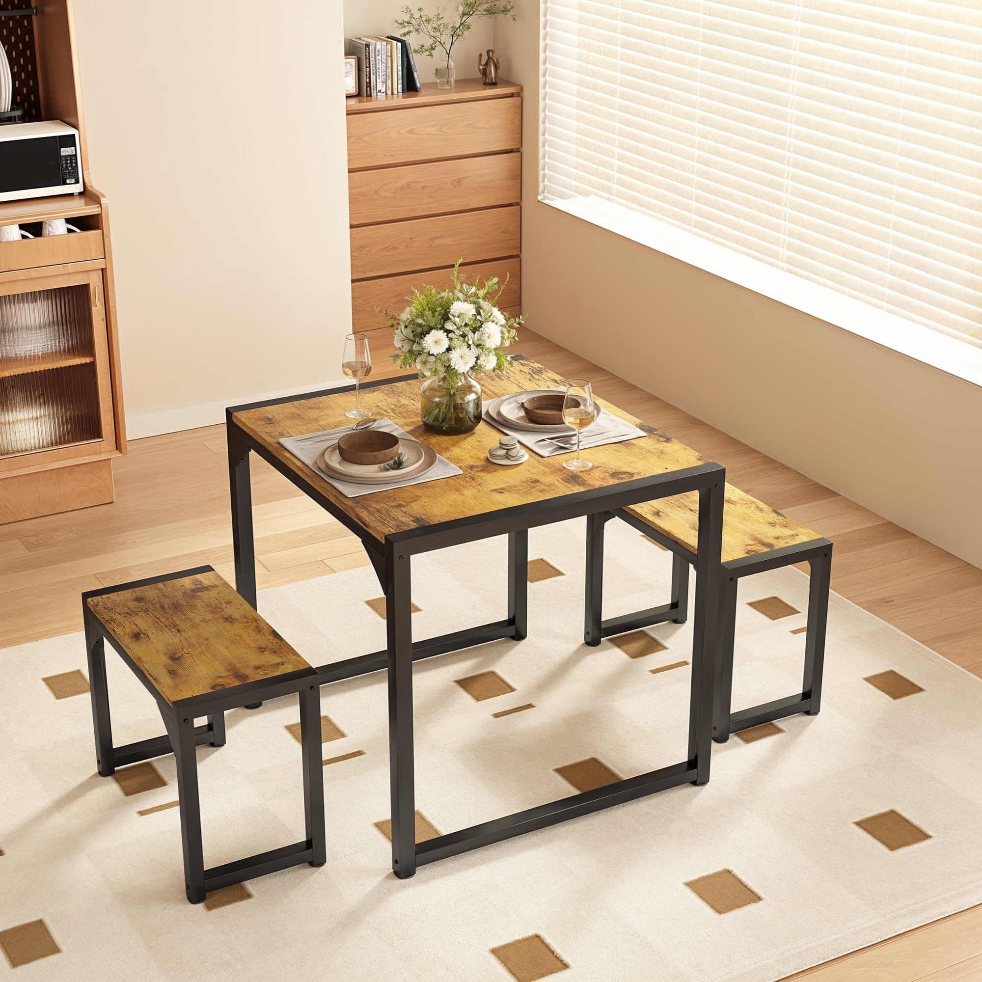 Asofer 3-Piece Square Table & Chair Set, Space Saving Dining Table Set ...