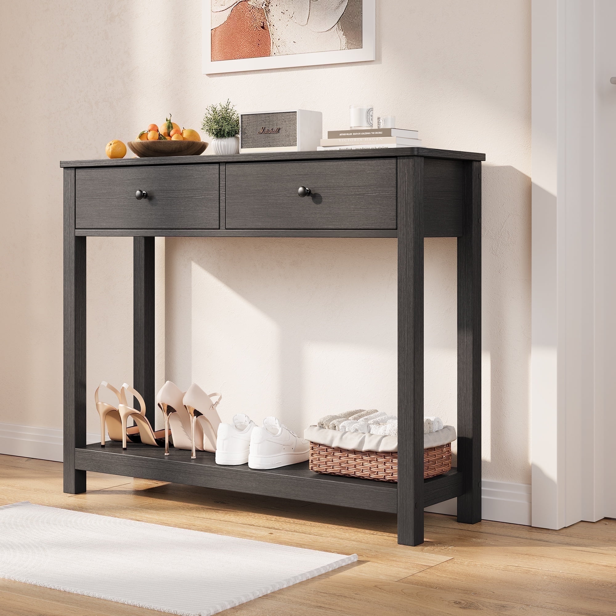 Asofer 39" Console Table with 2 Drawers, Modern Sofa Table, Narrow Wood ...