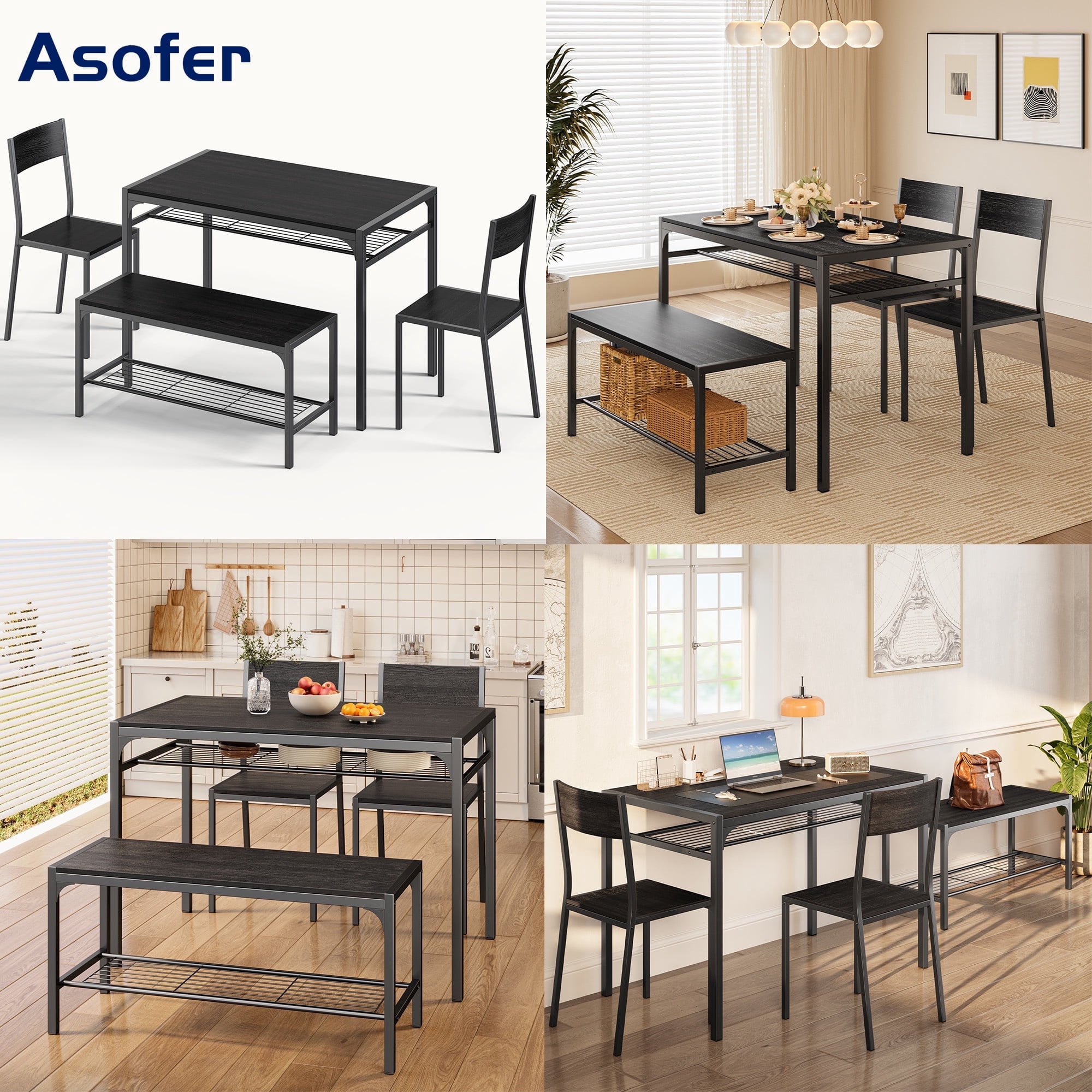 Asofer Rectangular Kitchen Table Set for 4 with Chairs, Bench and Extra ...