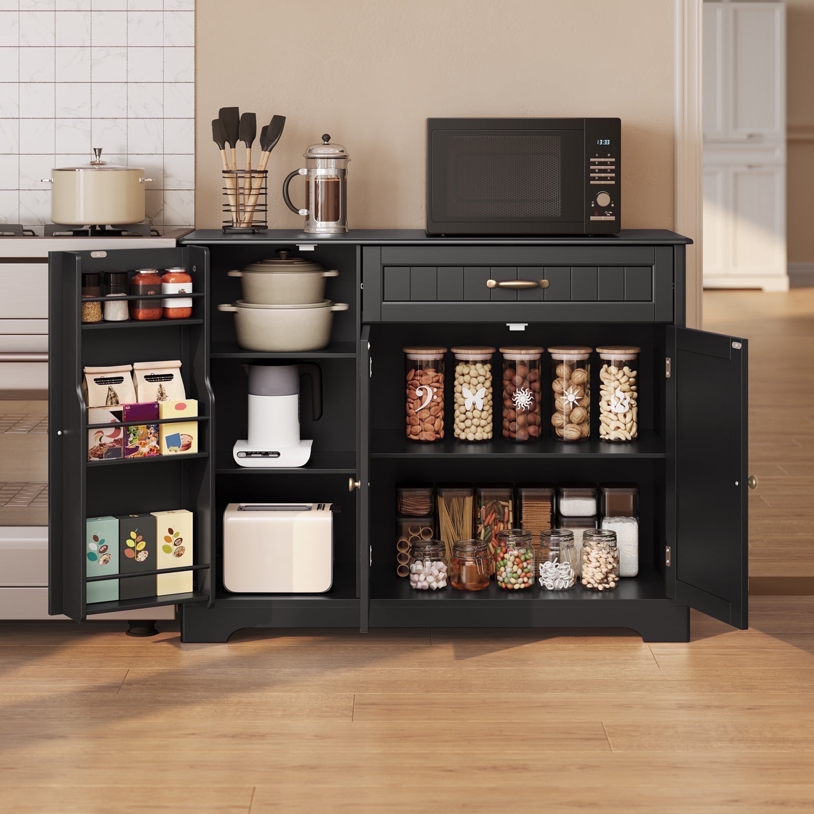 Asofer 42" Pantry Buffet, 3-Door 1-Drawer w/6 Shelves & Coffee Bar ...