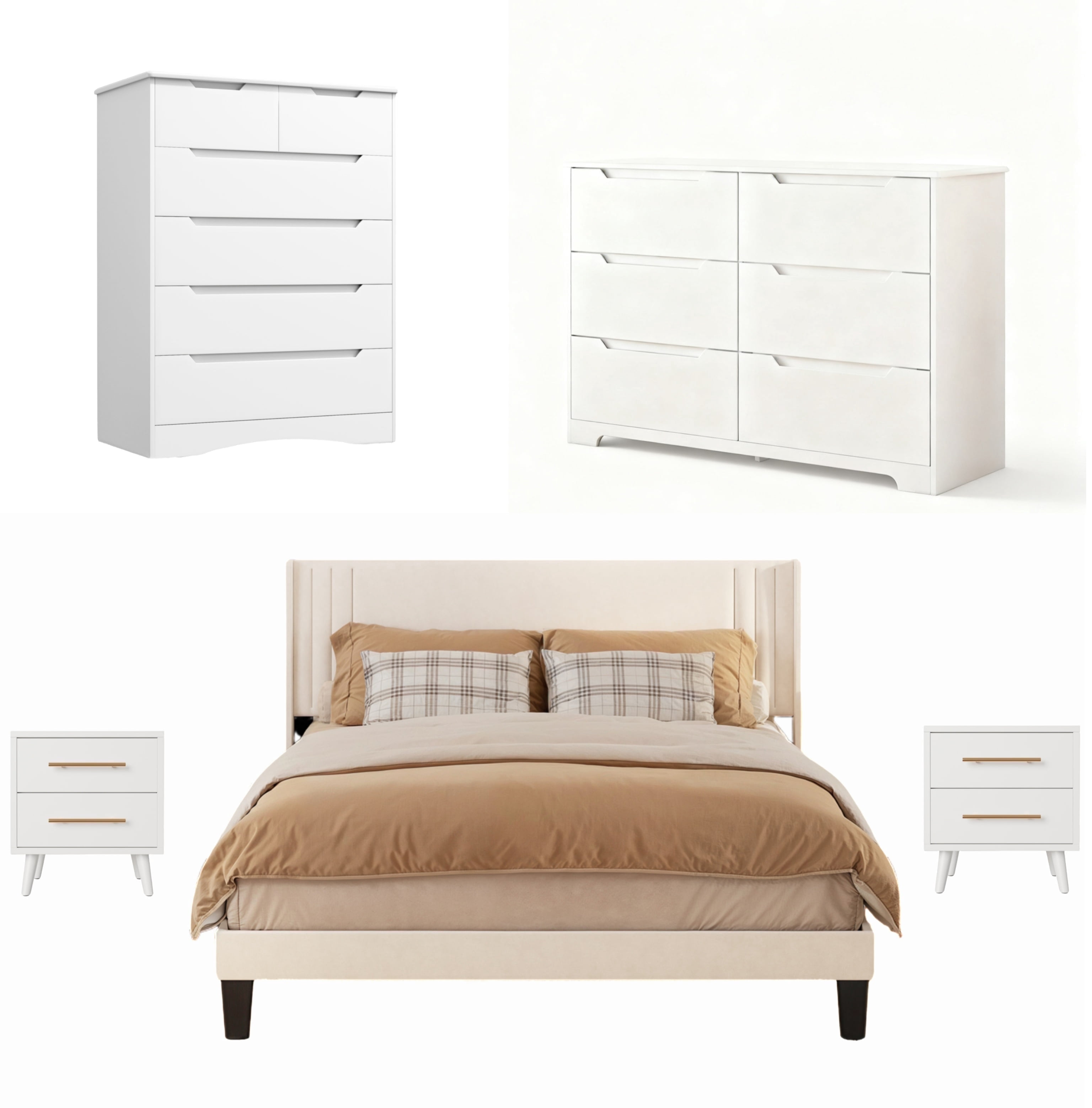 Asofer 5-Pc Queen Bedroom Set: Upholstered Bed Frame, 2 Nightstands & 2 ...