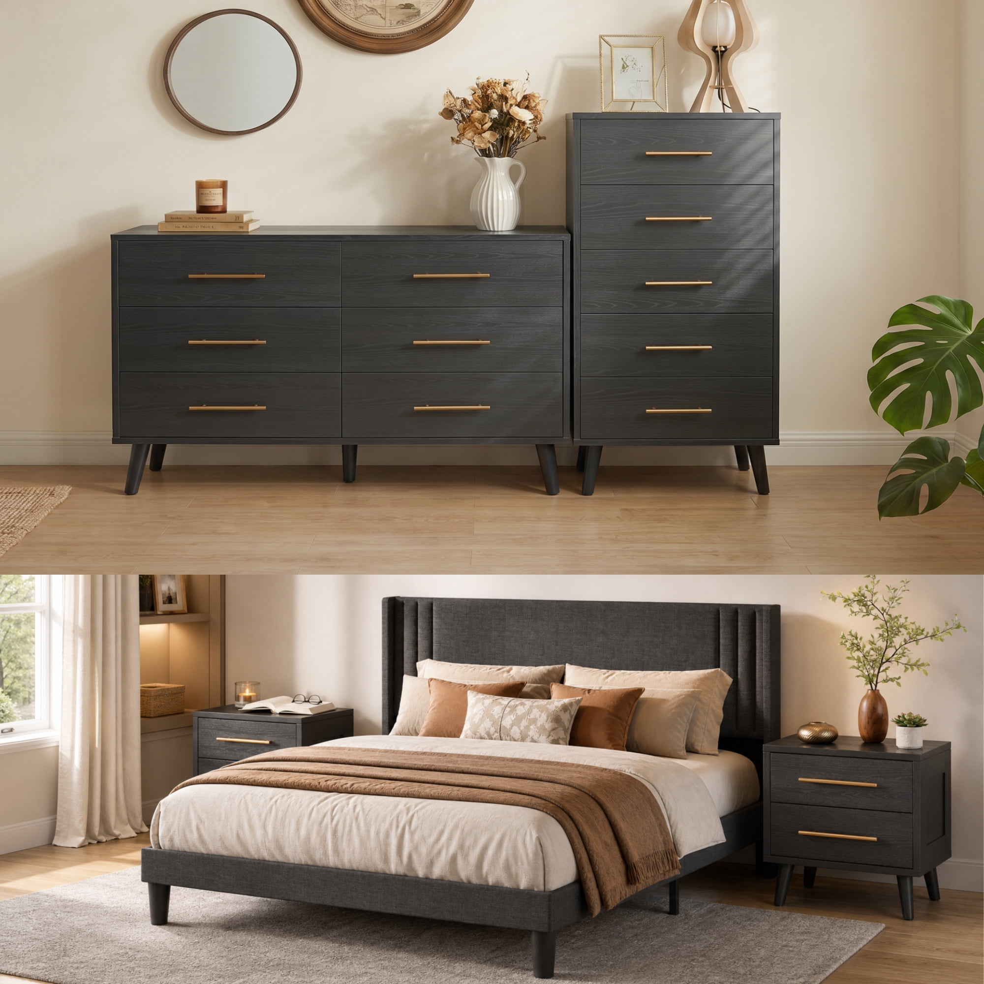 Asofer 5-Piece Black Bedroom Set:Queen Bed Frame, 2 Nightstands, 5 & 6 ...