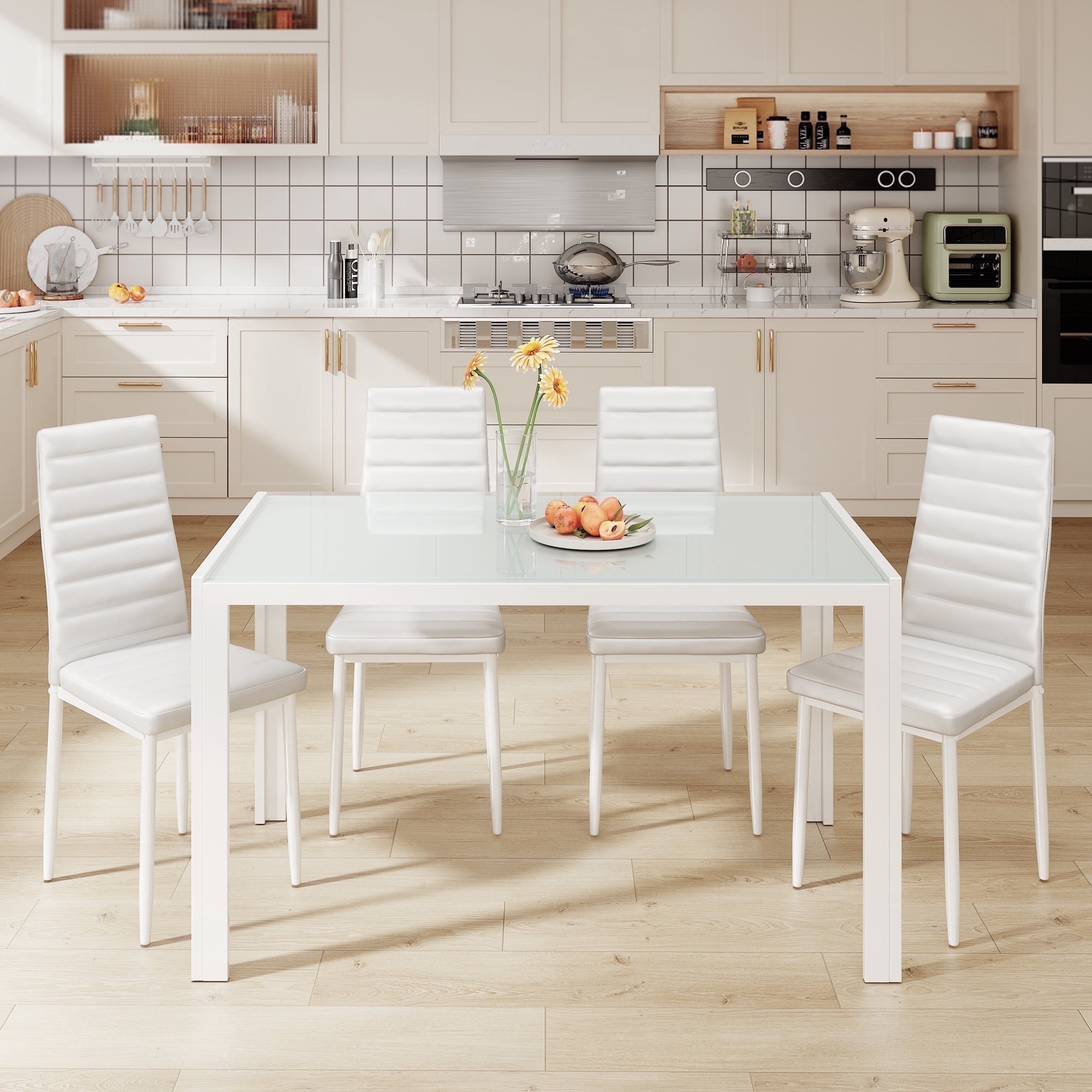 Asofer 5 Piece Dining Table Sets For 4, Glass Kitchen Table, PU Leather ...