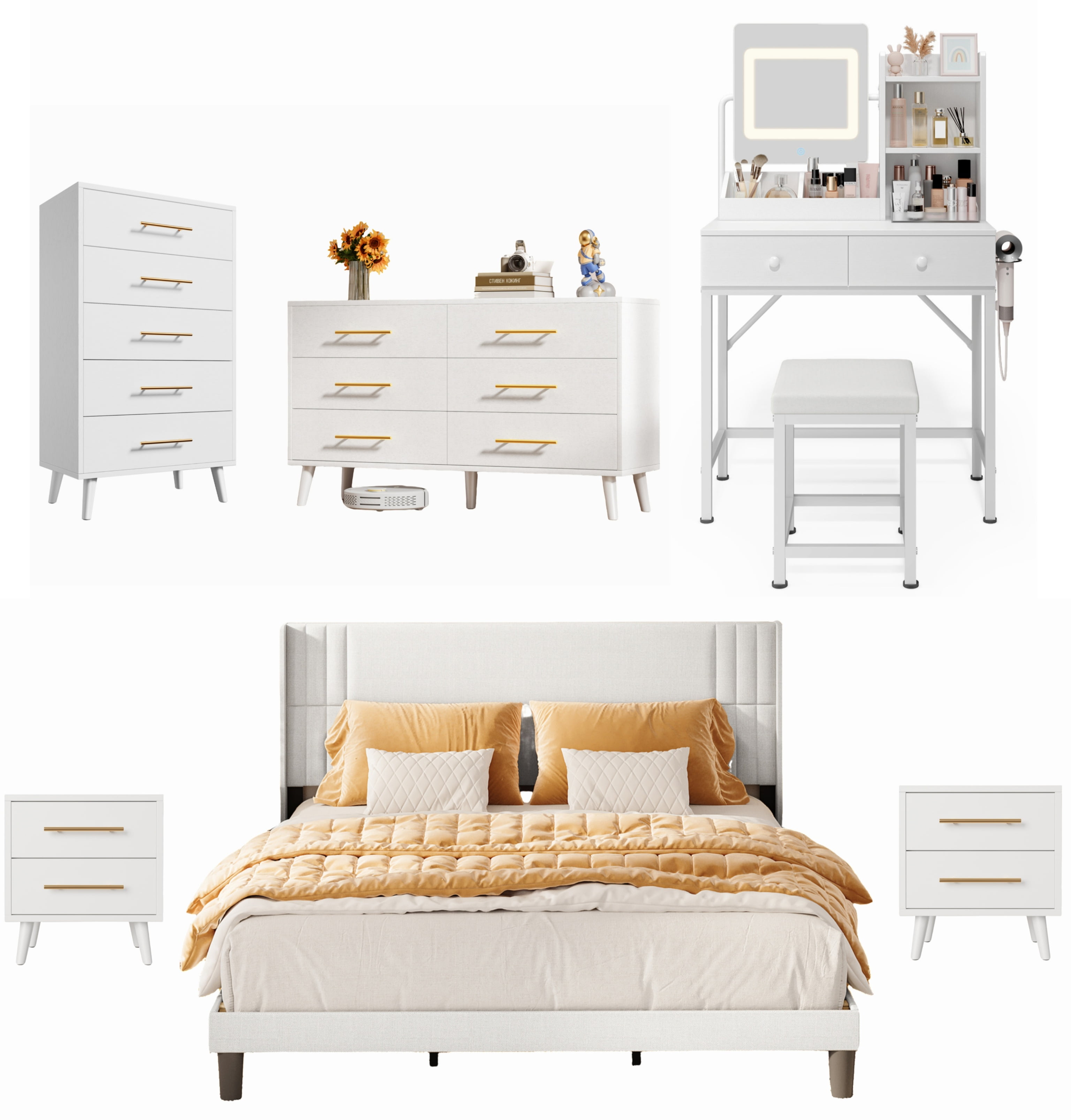 Asofer 6-Piece Bedroom Set, Queen Bed Frame, Makeup Vanity with LED ...