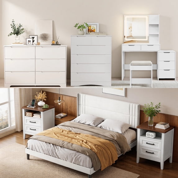 Asofer 6-Piece White Bedroom Set: King Bed Frame, LED Vanity, 2 Drawer ...