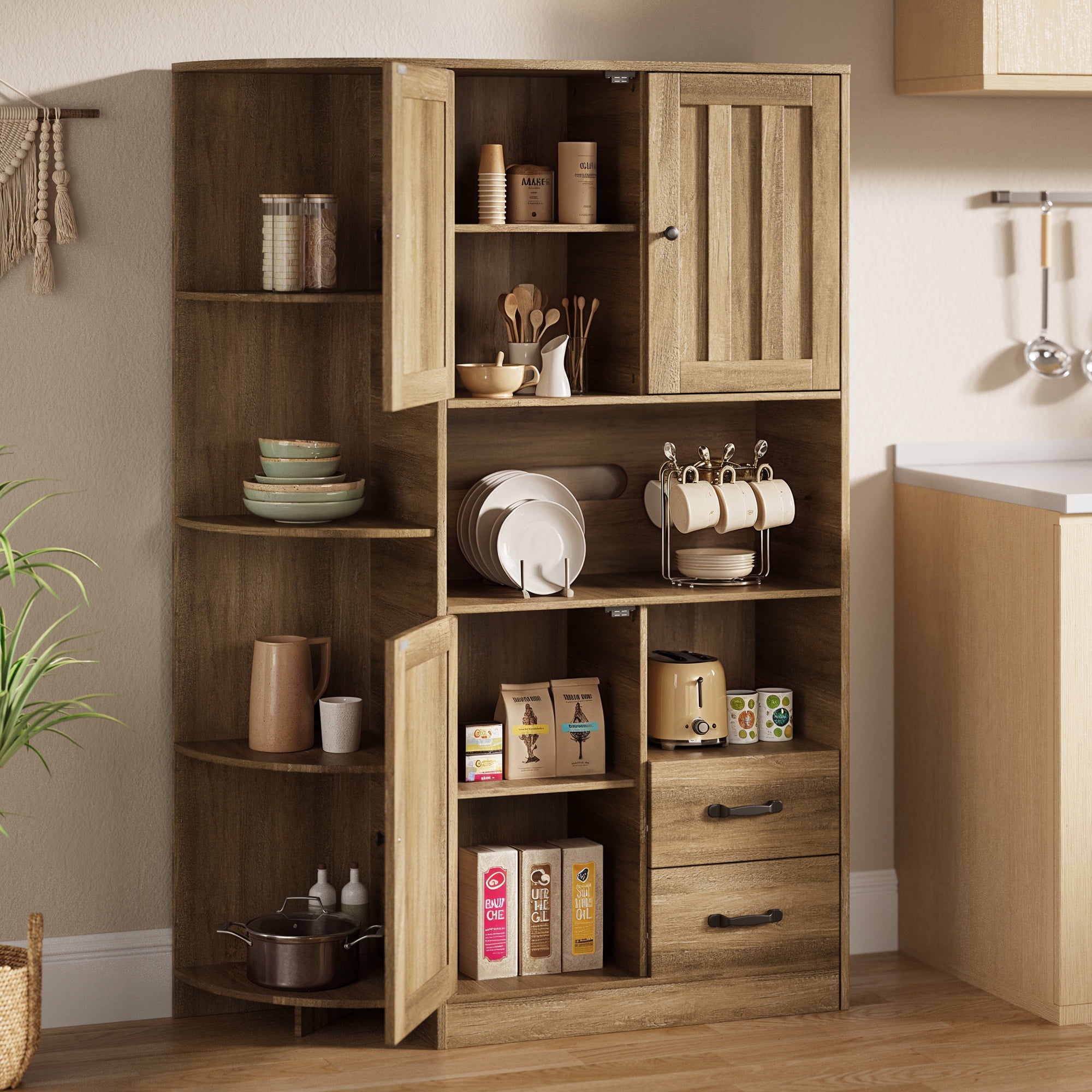 Asofer 60" Large Kitchen Pantry Cabinet with 3 Doors, 2 drawer and ...