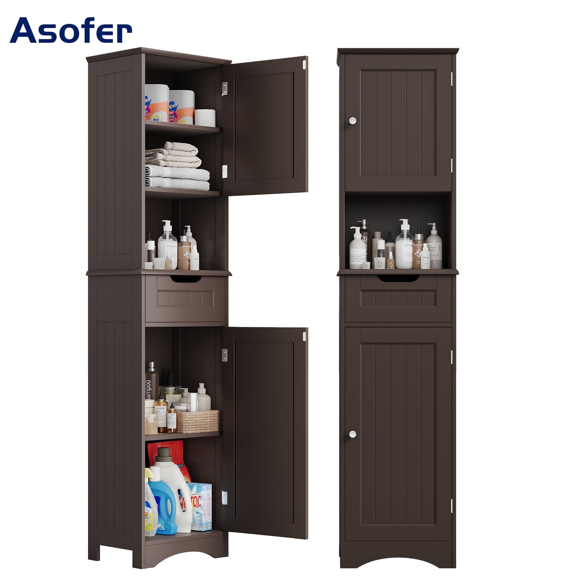 Asofer 67" Slim Standing Shelves, Brown Bathroom Storage Cabinet with Door, Drawer, Adjustable ...